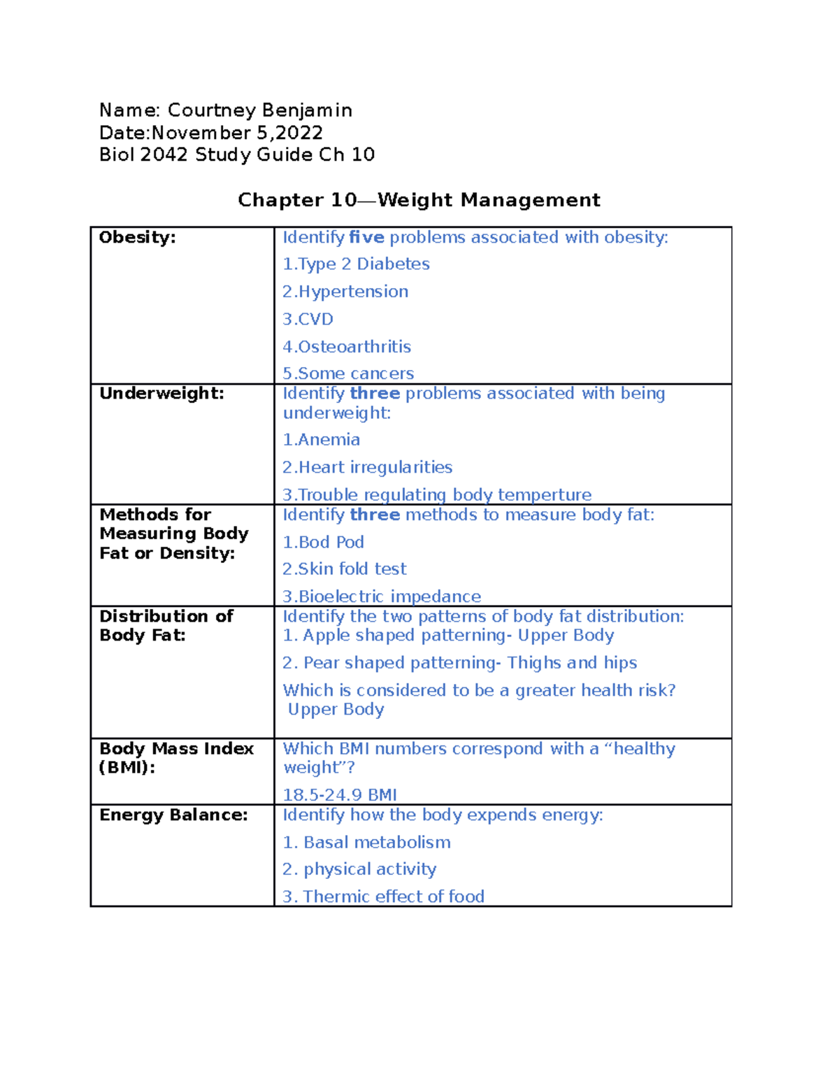 Chapter+10+weight+management copy - Name: Courtney Benjamin Date ...