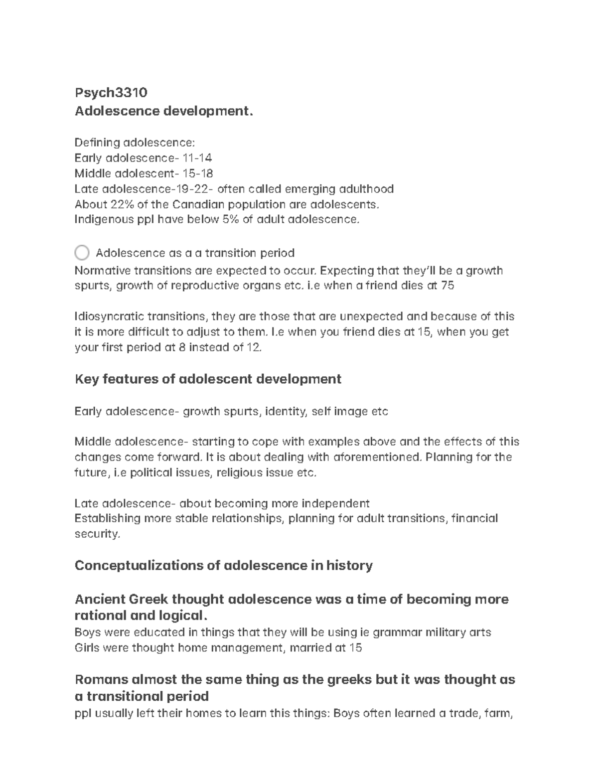 Psych 3310 - Lecture notes 1-2 - Psych3310 Adolescence development ...