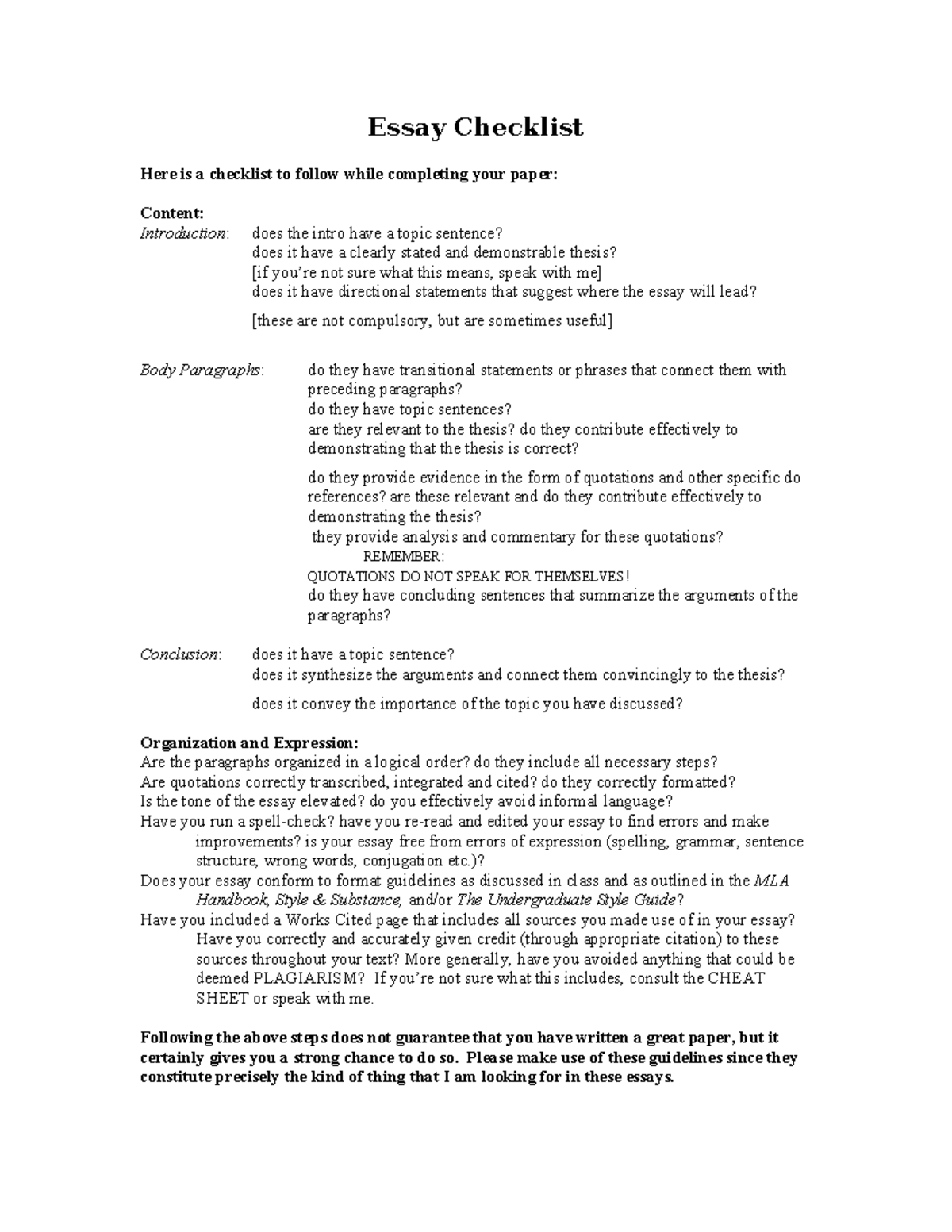 Essay Checklist - Essay Checklist Here is a checklist to follow while ...
