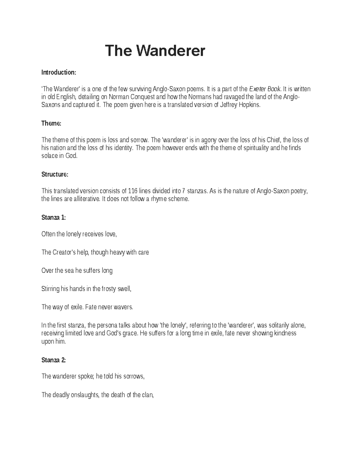 The Wanderer - Summary M A English Language and Literature - The ...