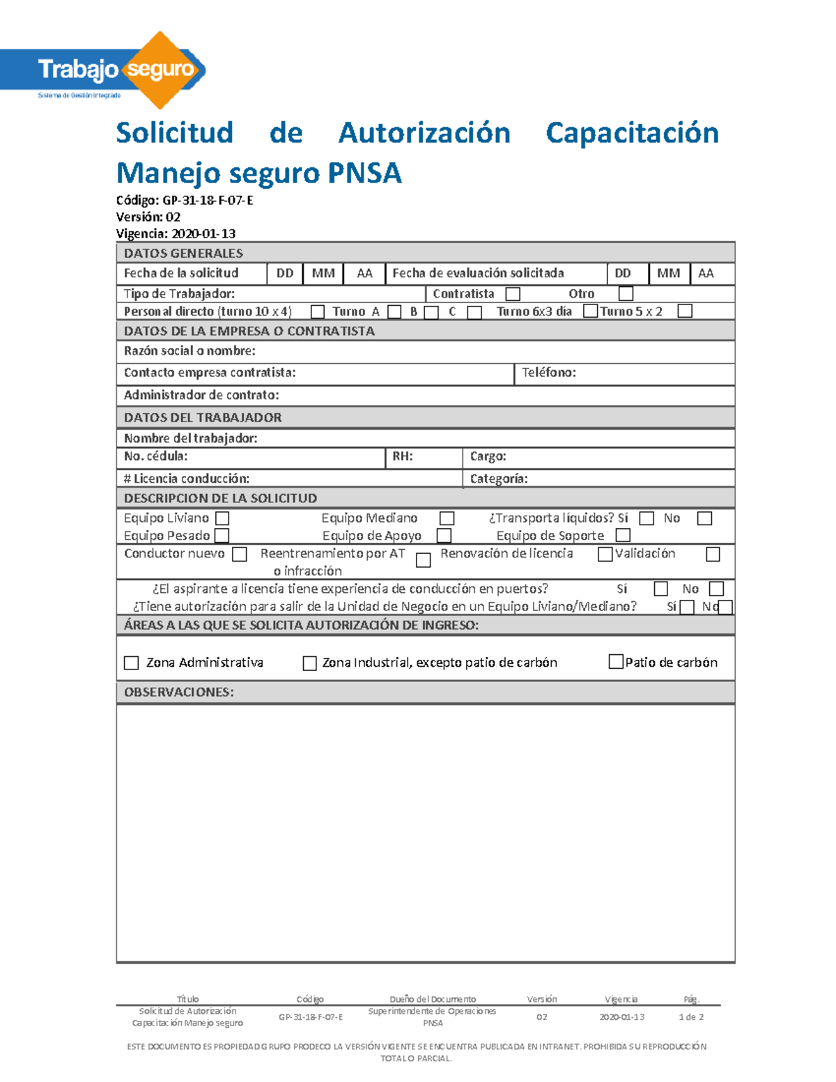 Solicitud autorización capacitación mnjo seguro PNSA - Título Código ...
