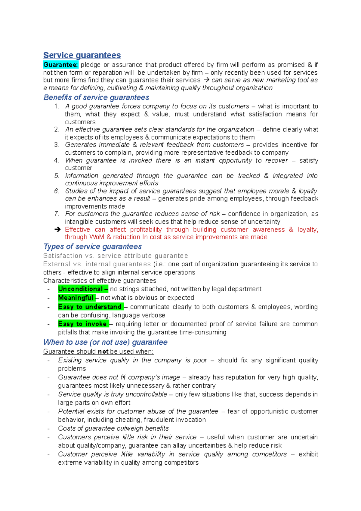 Service guarantees - service attribute guarantee External vs. internal ...