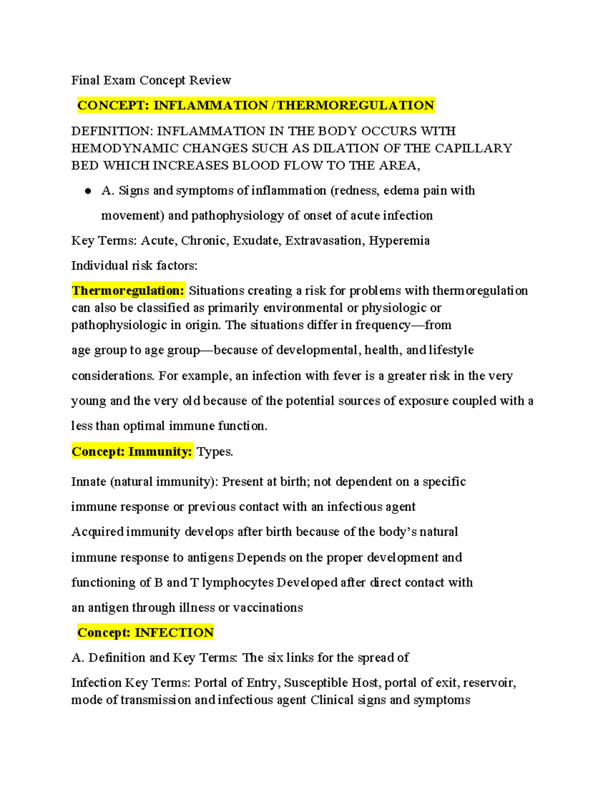 Final Exam Concept Review 2023 1715703990 - Final Exam Concept Review CONCEPT: INFLAMMATION ...