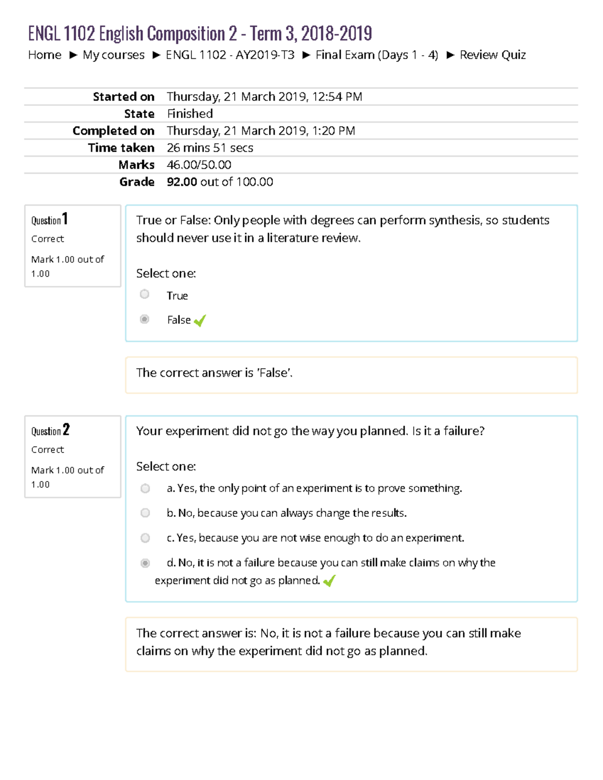 ENG 1102 Review Quiz2 - Home My courses ENGL 1102 - AY2019-T3 Final ...