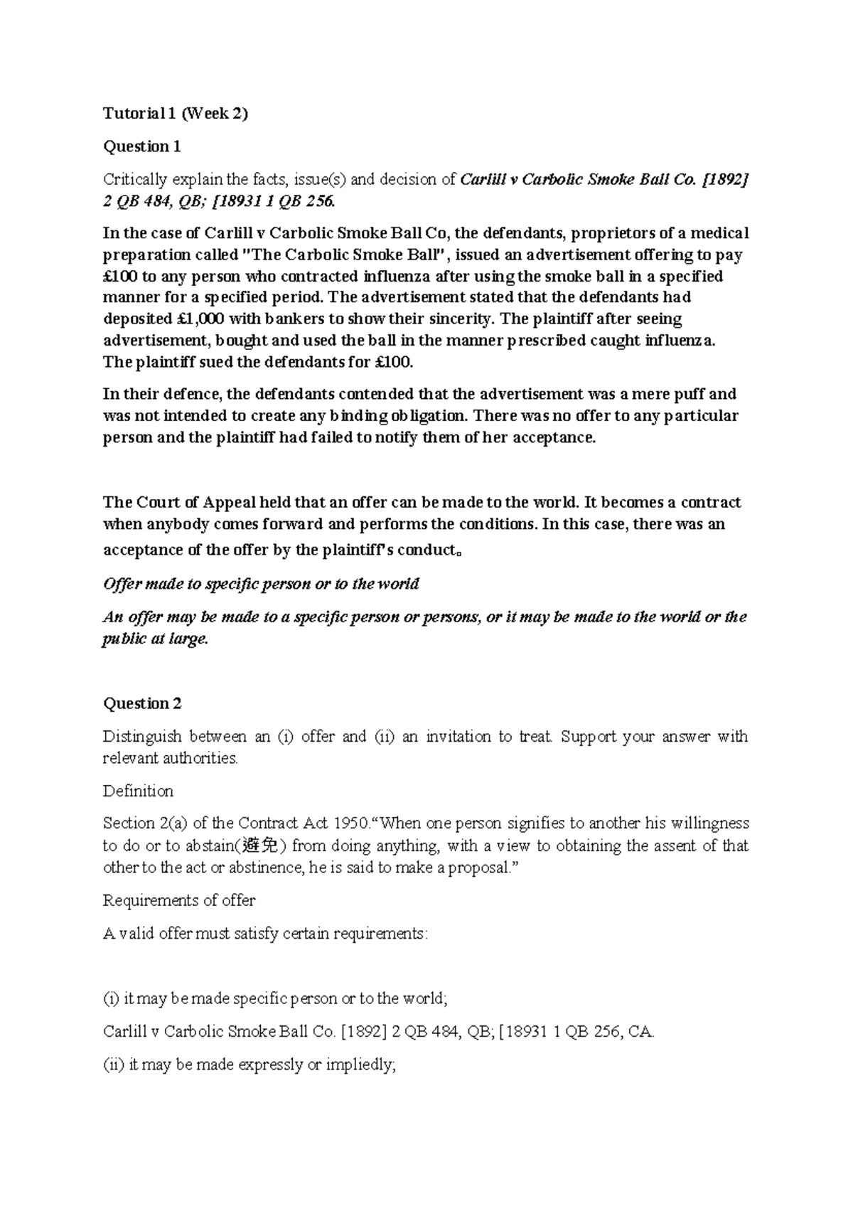 Contract Law Tutorial 1 Qs - Tutorial 1 (Week 2) Question 1 Critically ...