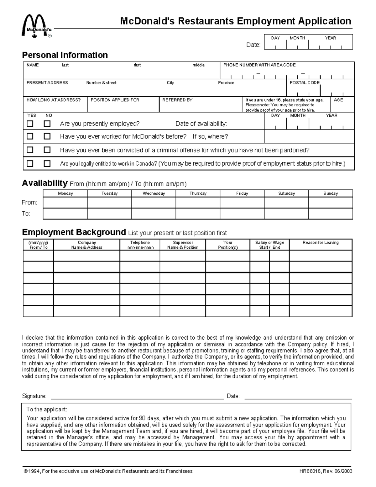 Mc Donalds-Application-Form - © 1994, For the exclusive use of McDonald ...
