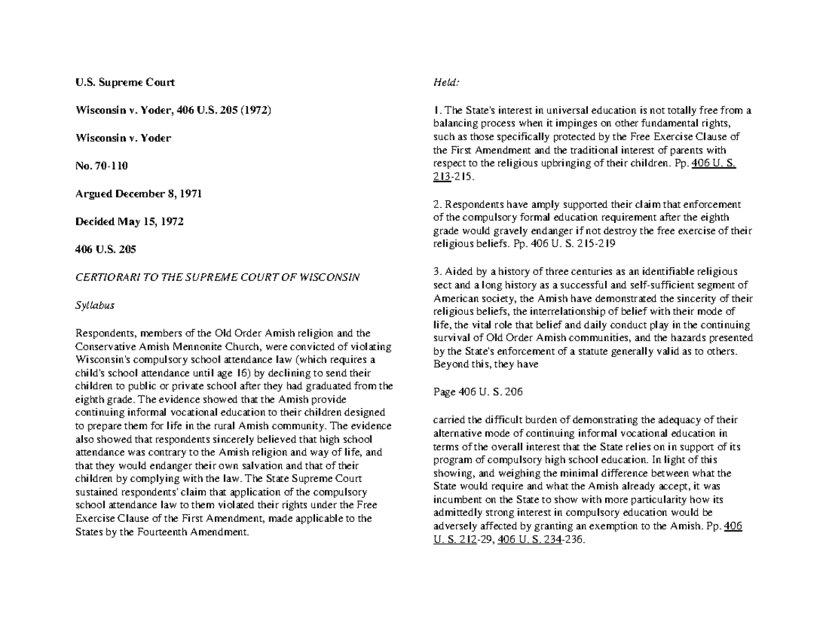 Wisconsin V. Yoder - Constitutional Law 1 full case ...
