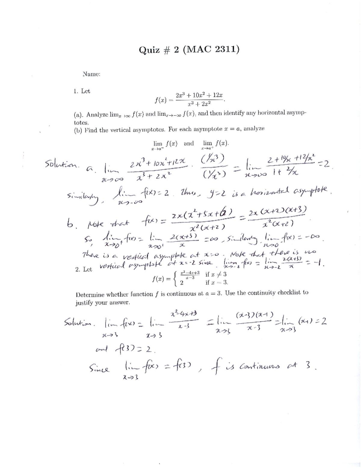 Solution Quiz 2 - MAC 2311 - Studocu