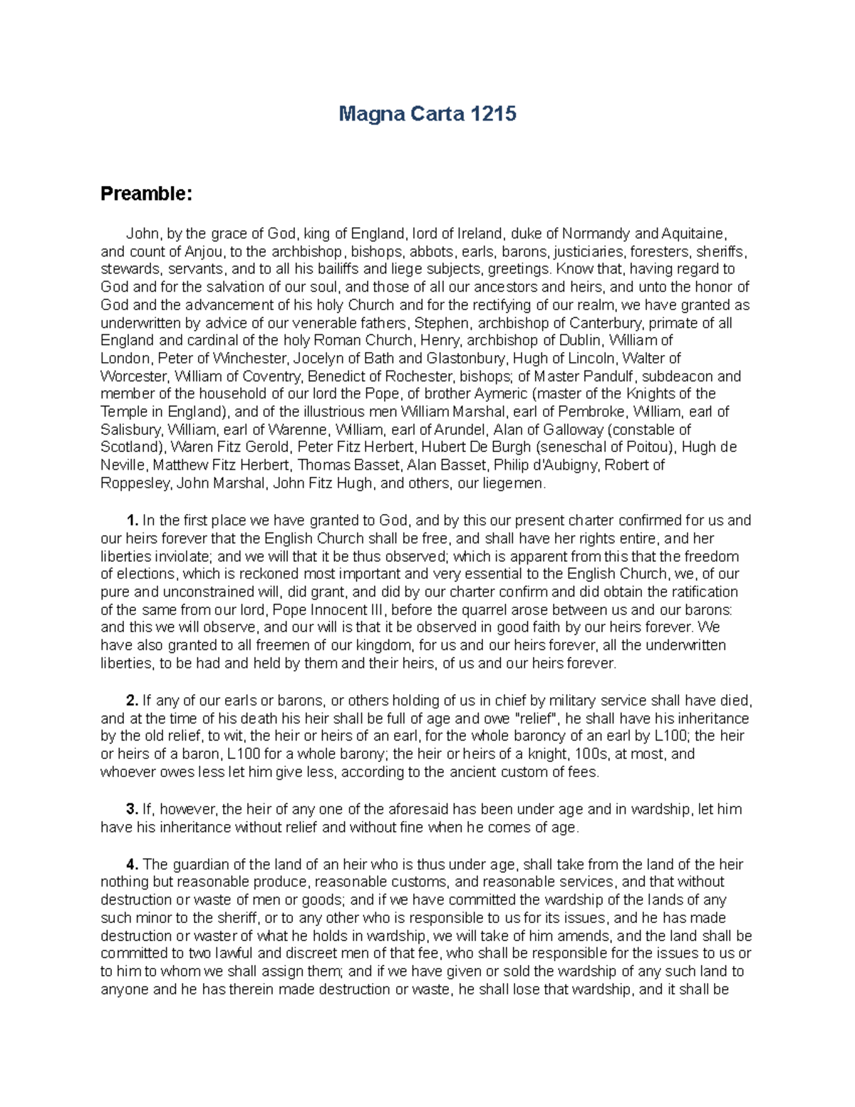 Magna Carta 1215 - Hensley's class - Magna Carta 1215 Preamble: John ...