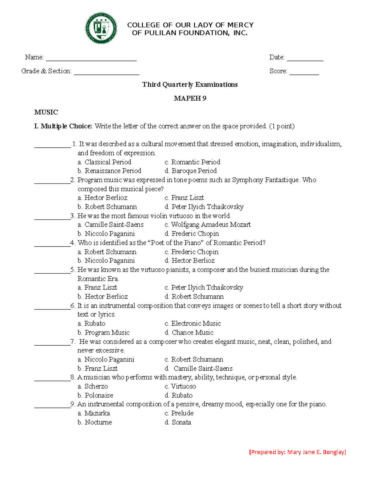 Grade 9 Third Quarterly Exam OF PULILAN FOUNDATION INC Name