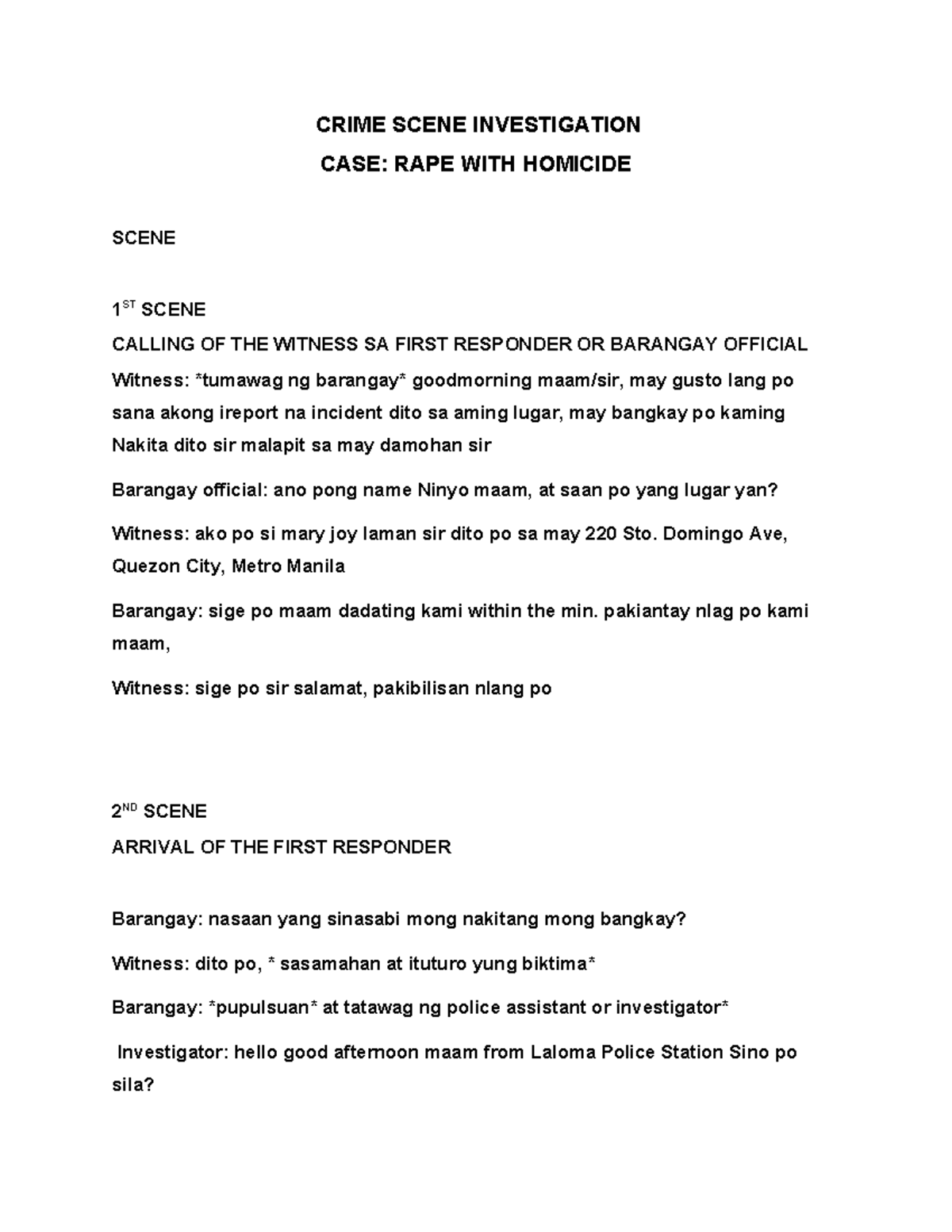Script (Rw:H) case - CRIME SCENE INVESTIGATION CASE: RAPE WITH HOMICIDE ...