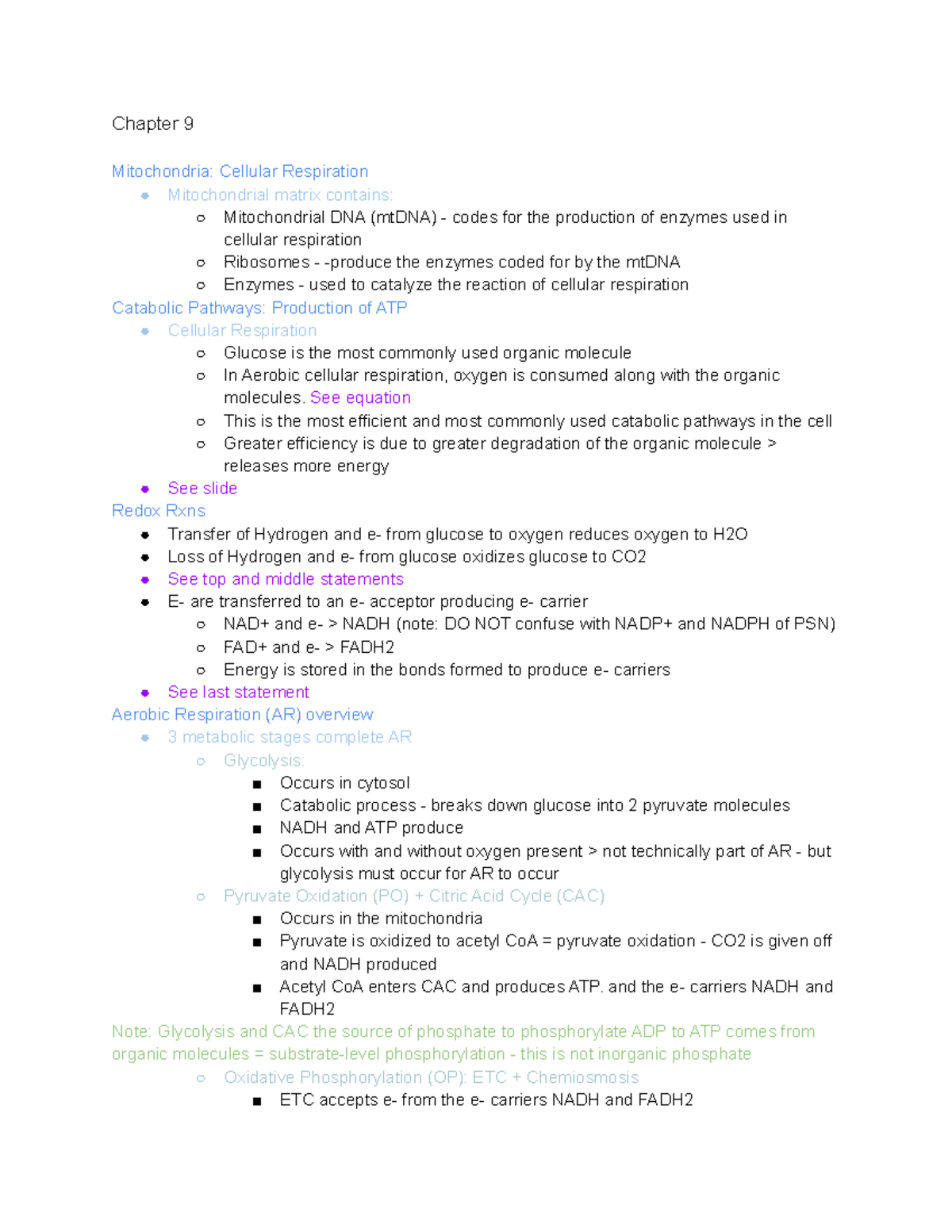 Chapter 9 Bio - Chapter 9 Mitochondria: Cellular Respiration ...