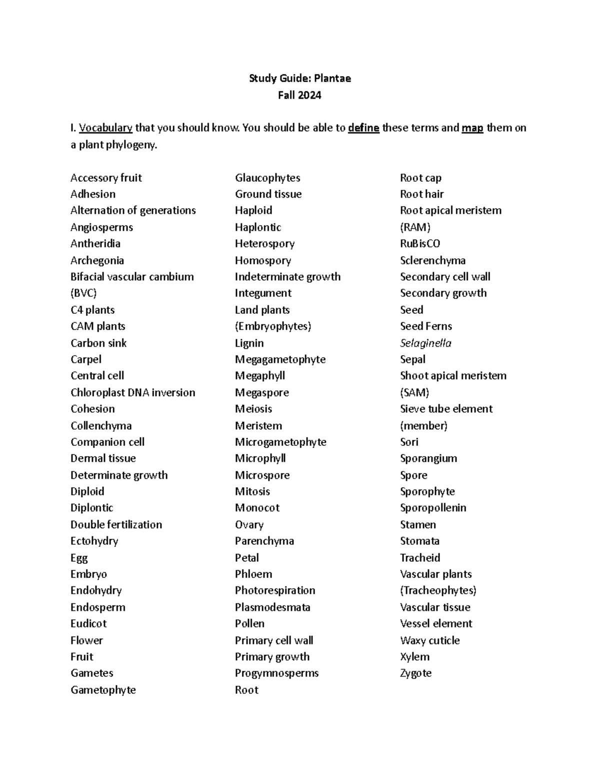 Plants Study Guide F24 - Study Guide: Plantae Fall 2024 I. Vocabulary ...