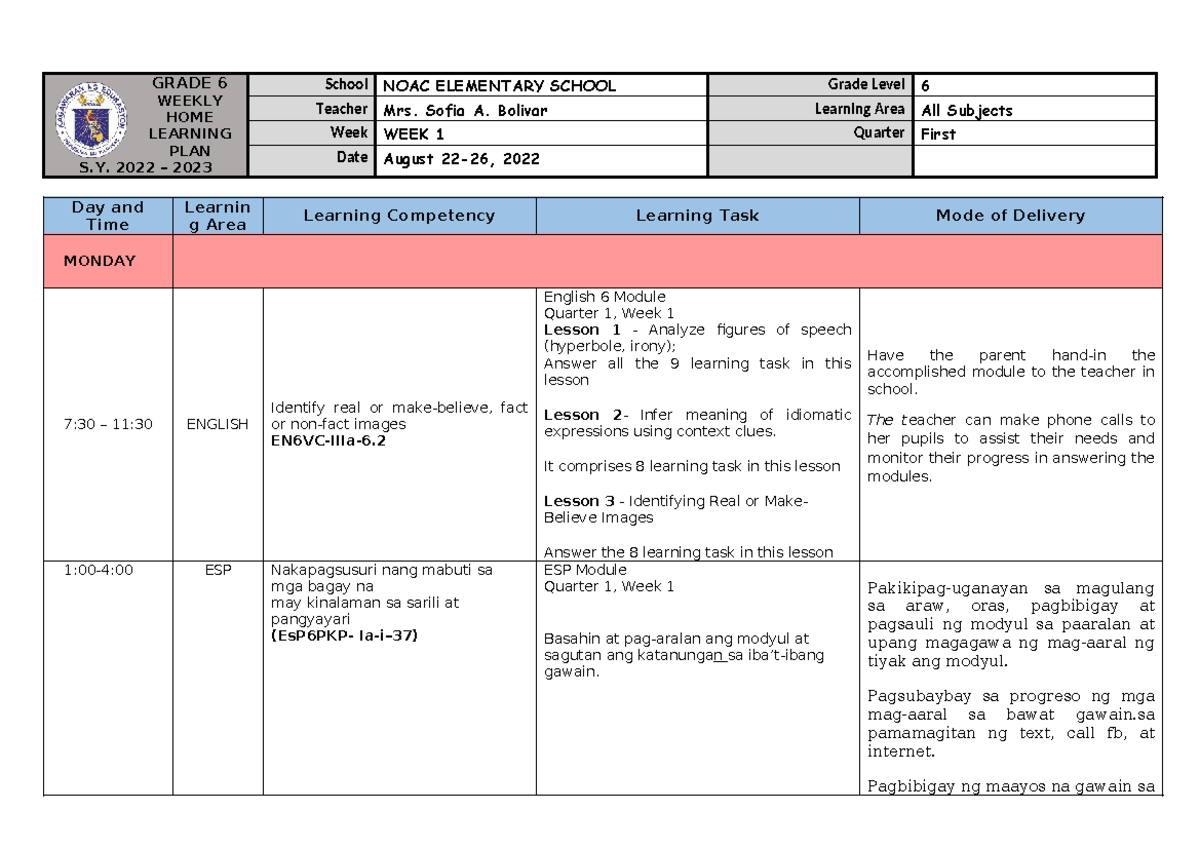 Week 1 Sofie - weekly learning plan - GRADE 6 WEEKLY HOME LEARNING PLAN ...