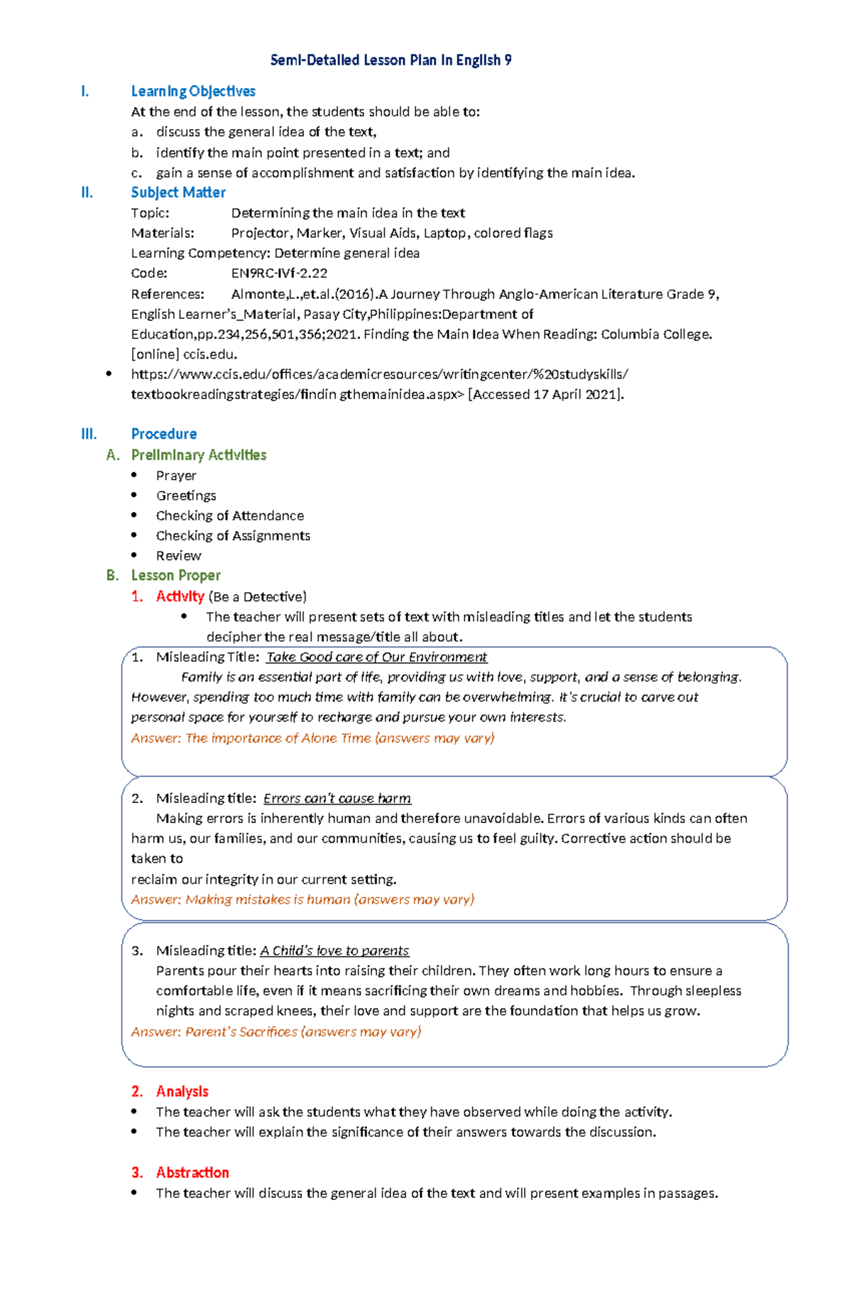 Sample-LP - Semi-Detailed Lesson Plan in English 9 I. Learning ...