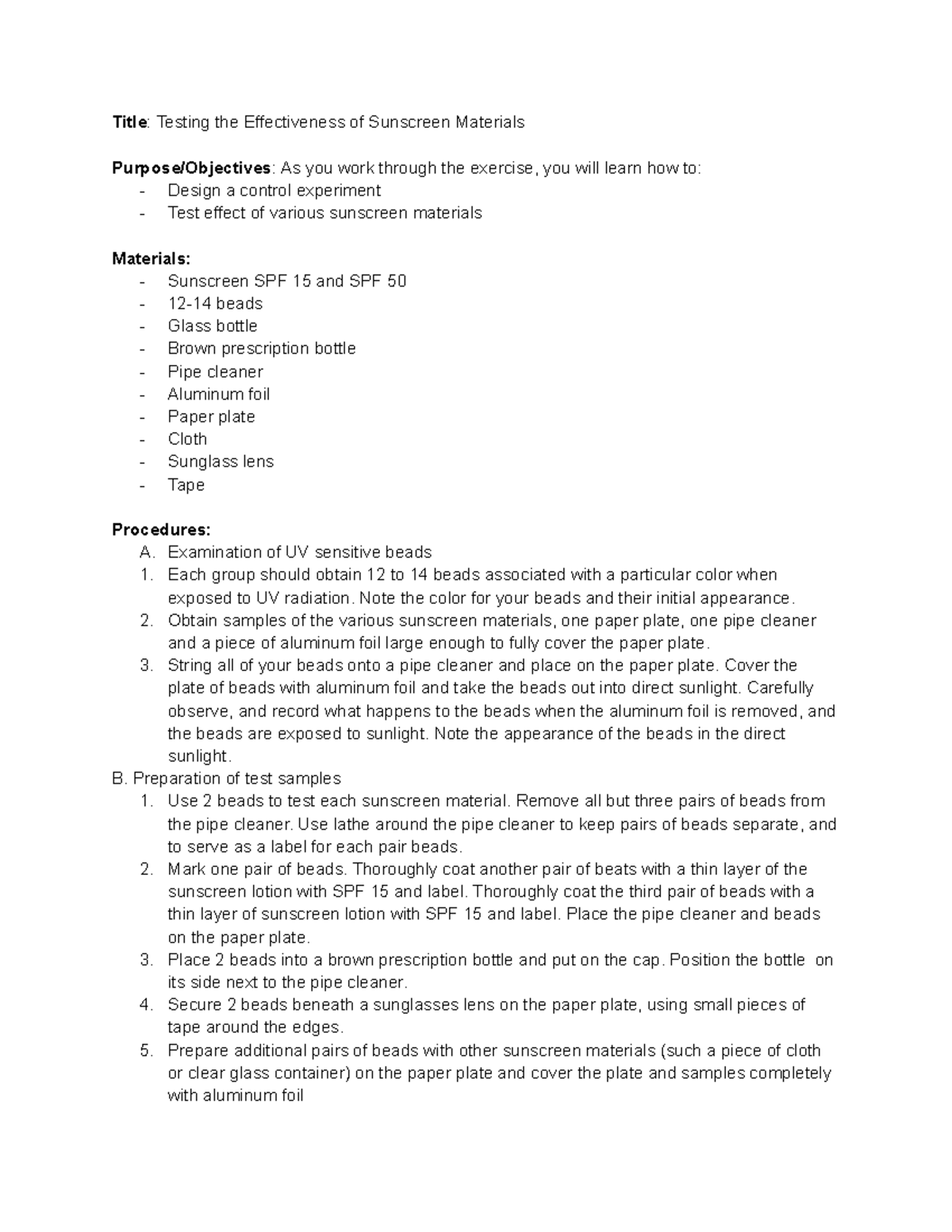 Formal report for sunscreen’s experiment - Title: Testing the ...