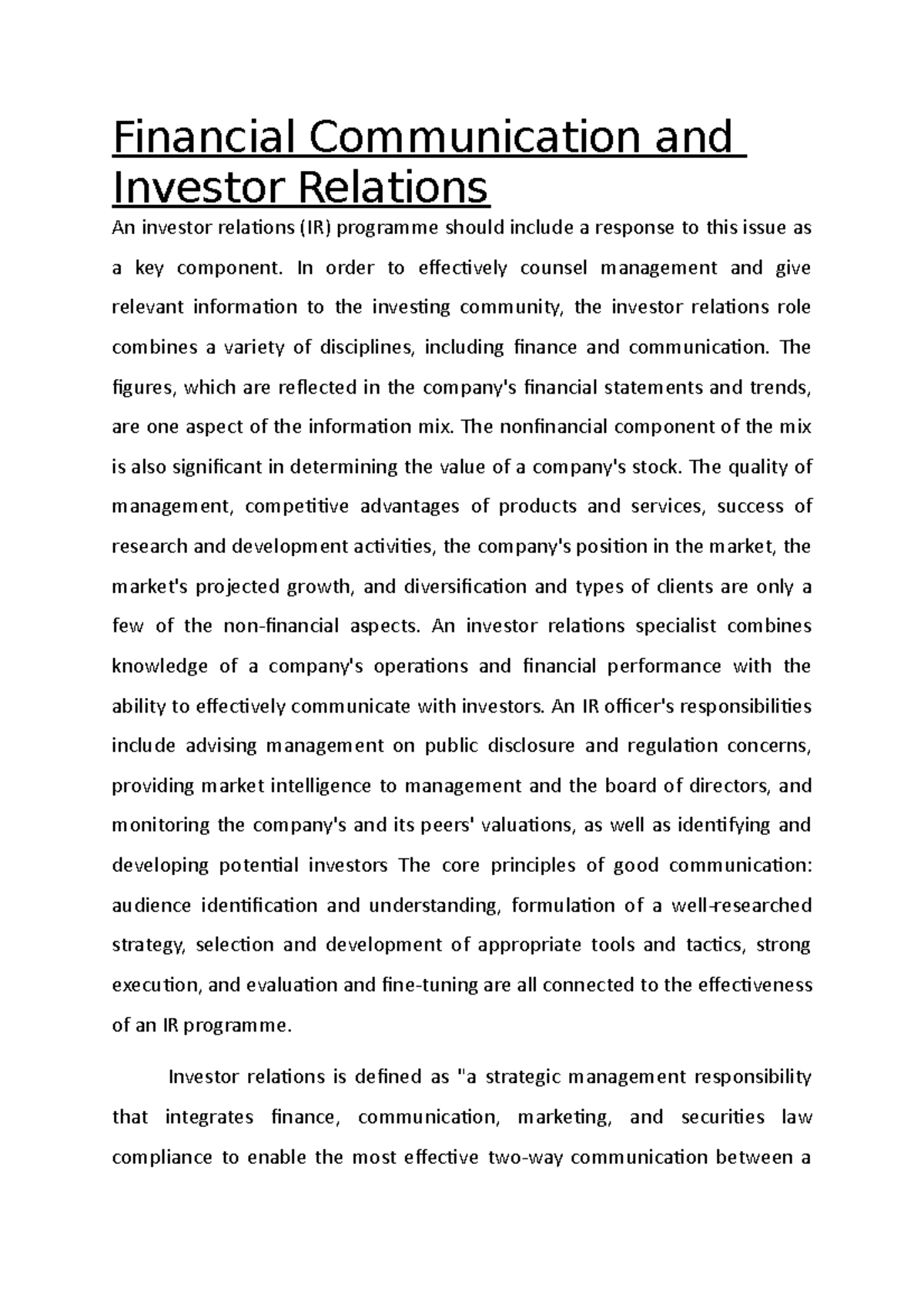 Financial Communication and Investor Relations - Financial ...