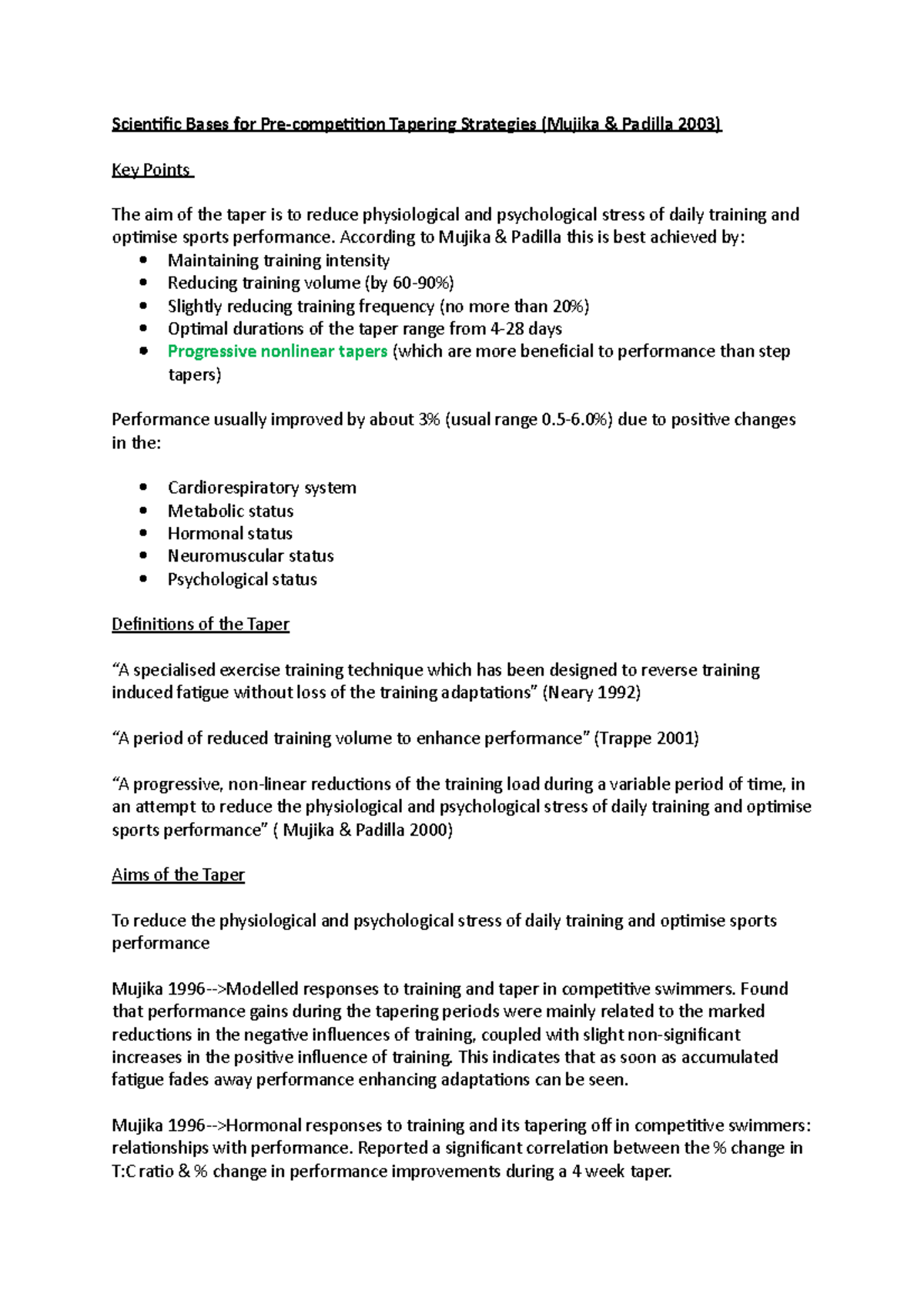 Scientific Basis for Precompetition Tapering Strategies (Mujika ...