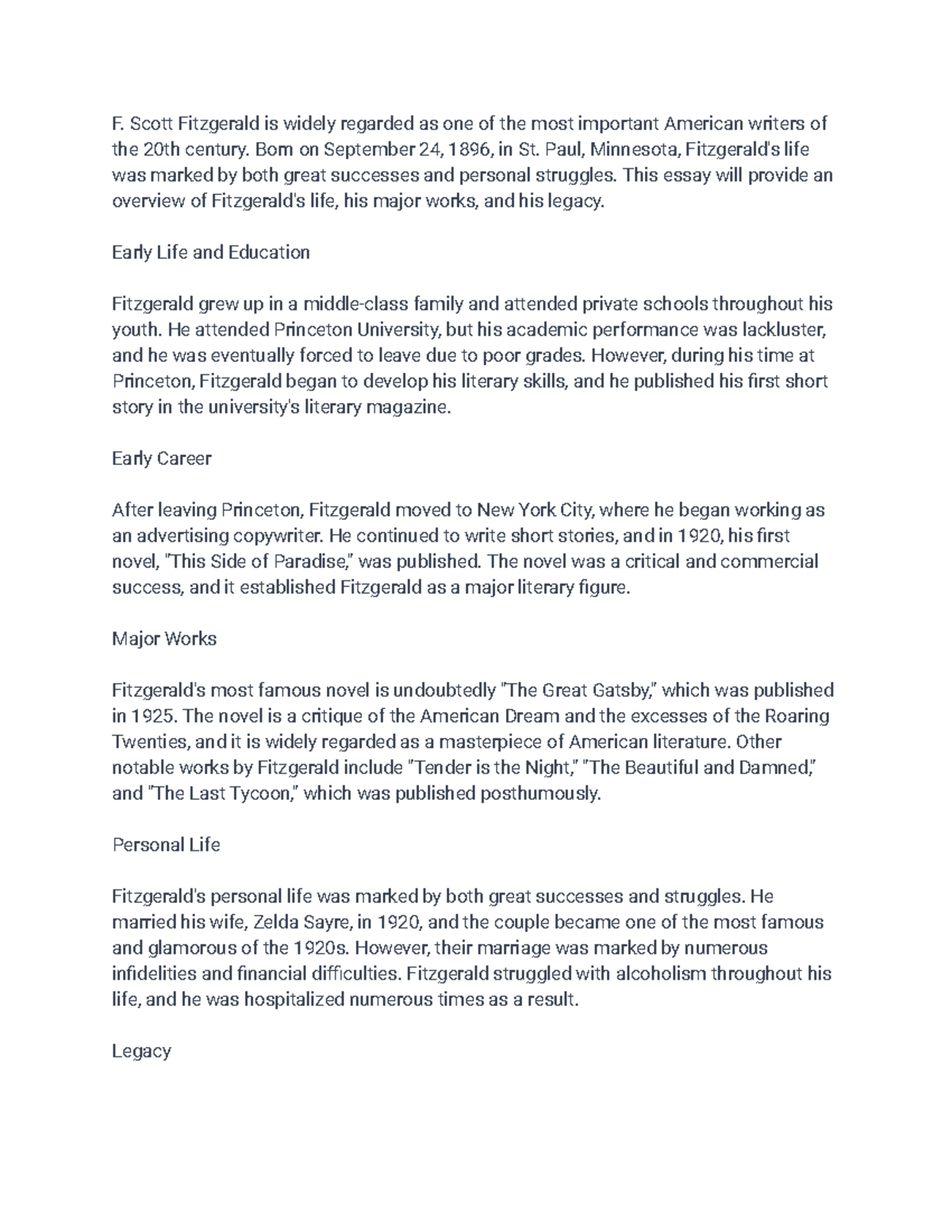 F. Scott Fitzgerald's Life - F. Scott Fitzgerald is widely regarded as ...