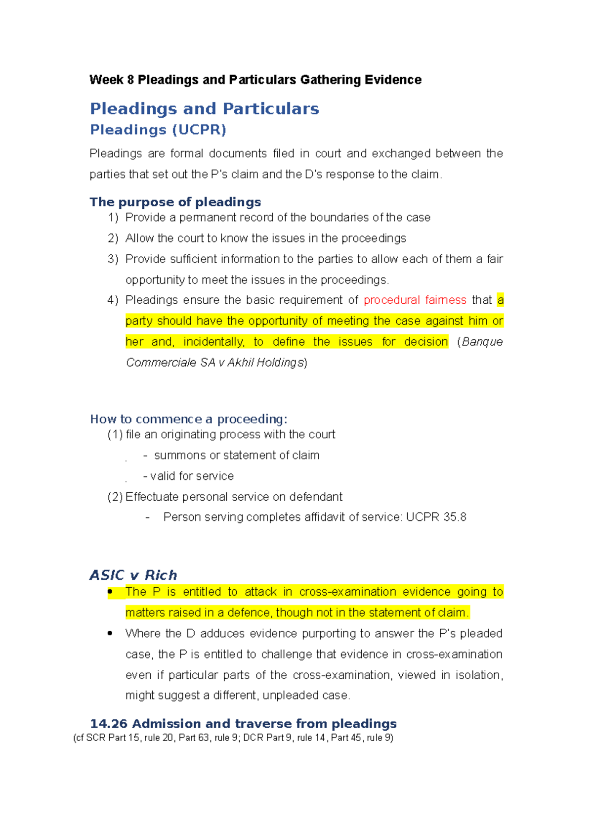 Week 8 Pleadings and Particulars Gathering Evidence - The purpose of ...