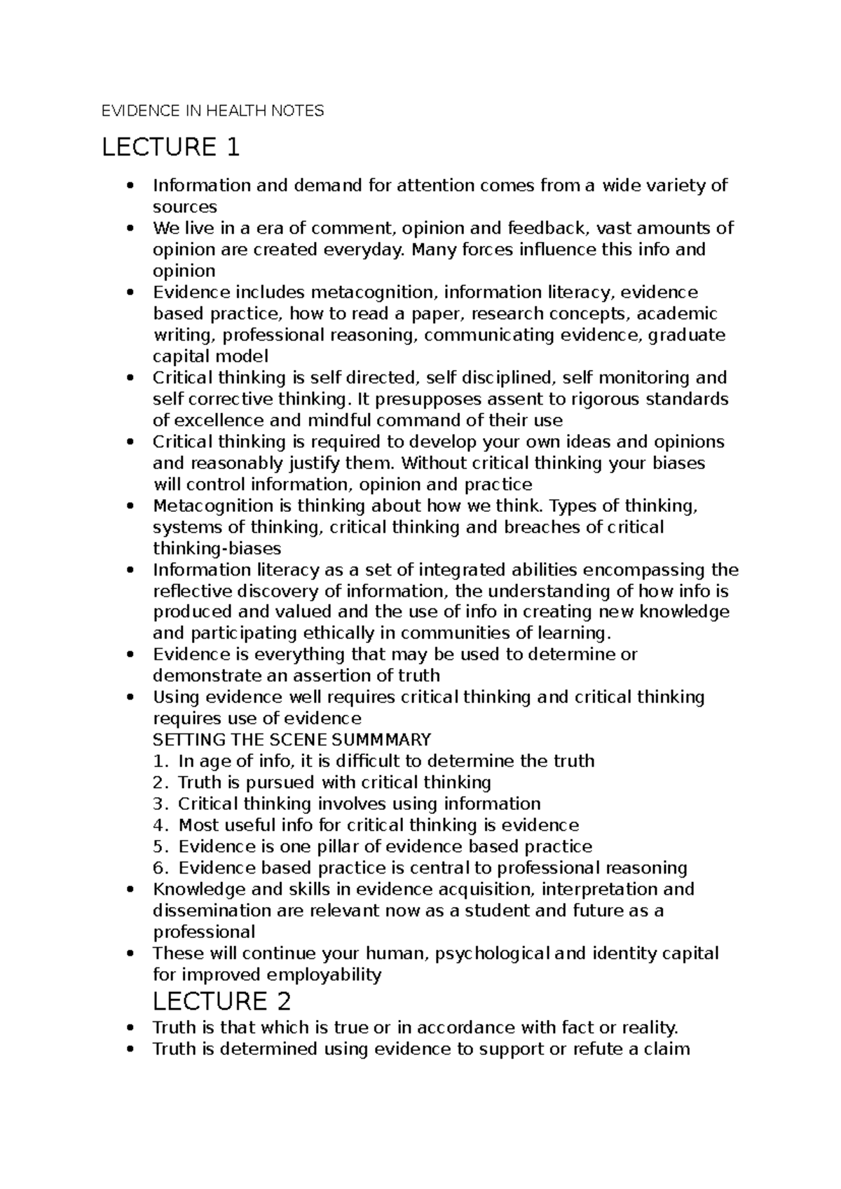 Evidence Notes - ####### EVIDENCE IN HEALTH NOTES LECTURE 1 Information ...