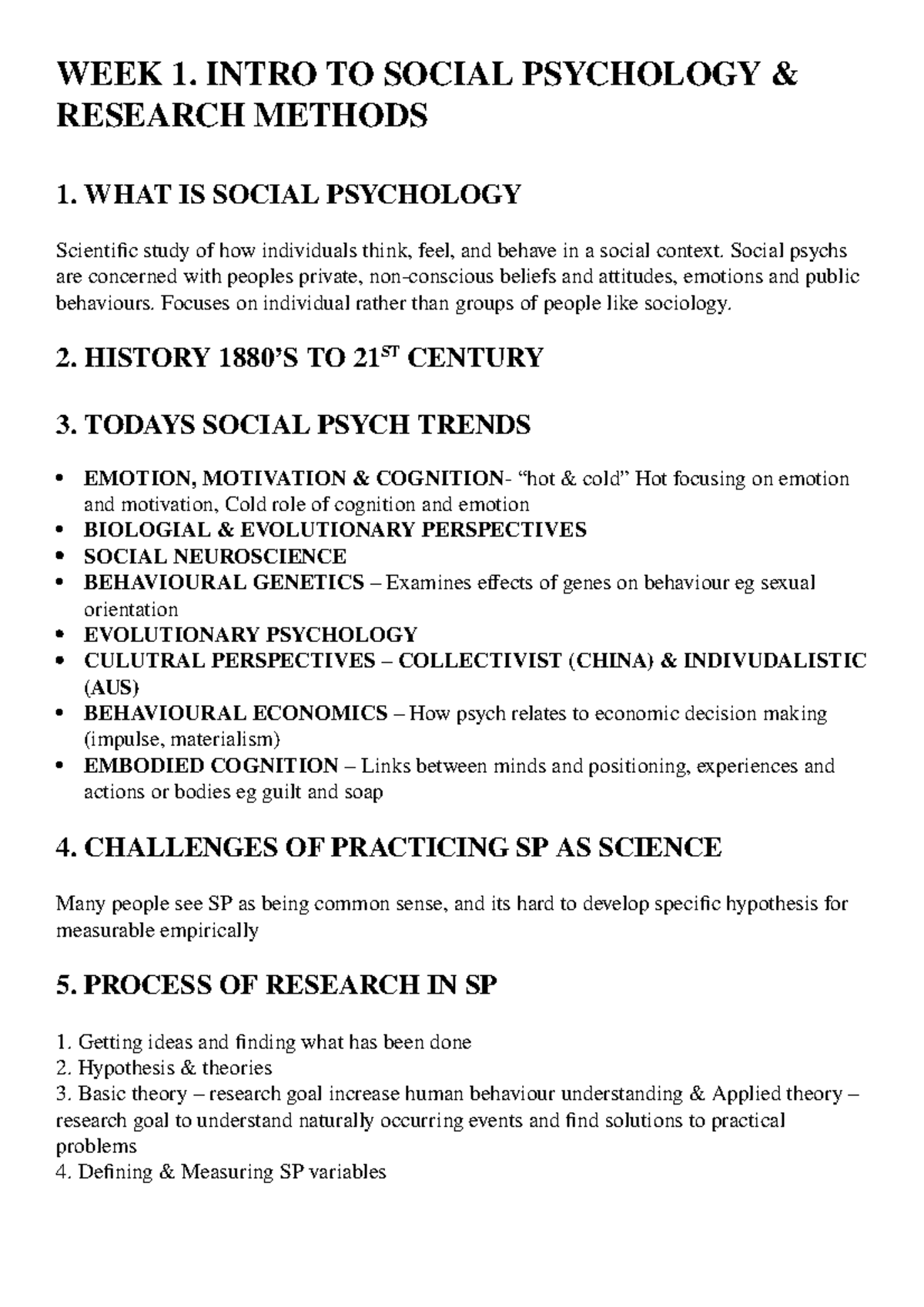 EXAM Notes - WEEK 1. INTRO TO SOCIAL PSYCHOLOGY & RESEARCH METHODS 1 ...
