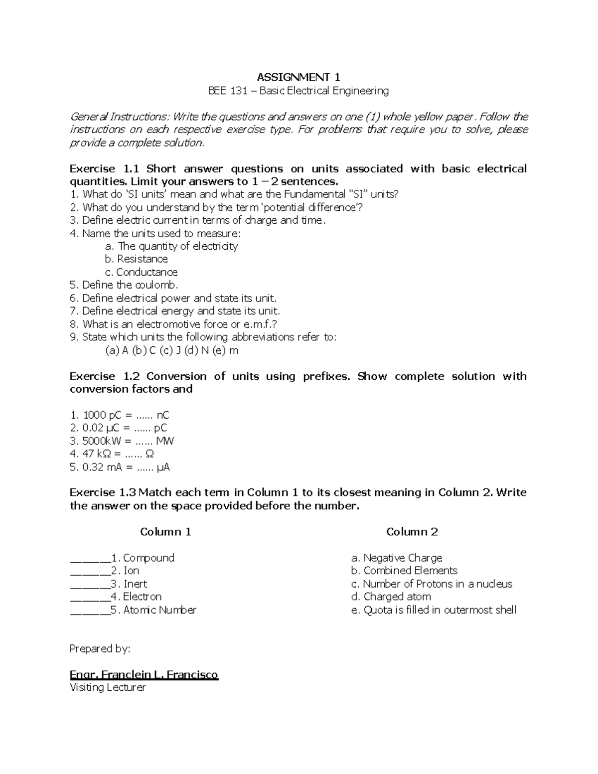 BEE 131-Assignment 1 - BEE ASSIGNMENT - ASSIGNMENT 1 BEE 131 – Basic ...
