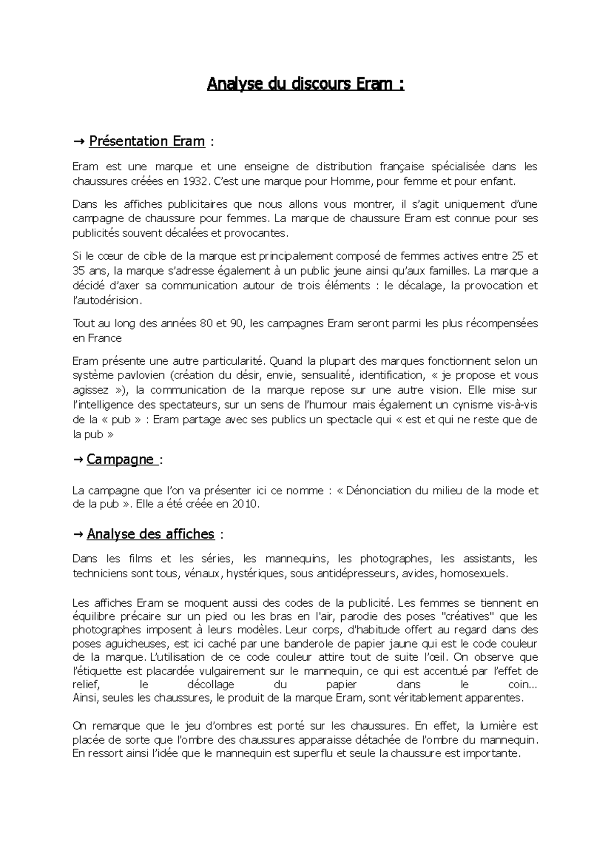 Analyse du discours Eram - C’est une marque pour Homme, pour femme et ...