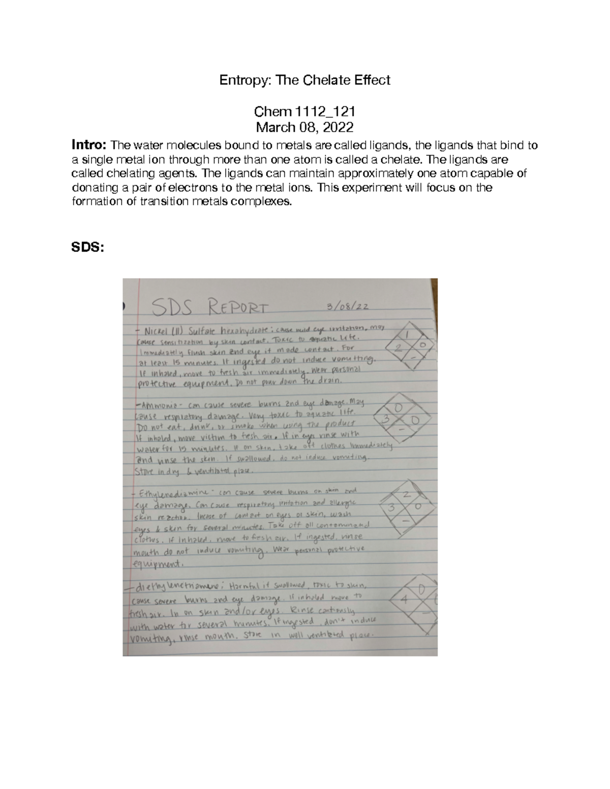 Lab Report 6 - Entropy the Chelate Effect, from the Lab Manual ...