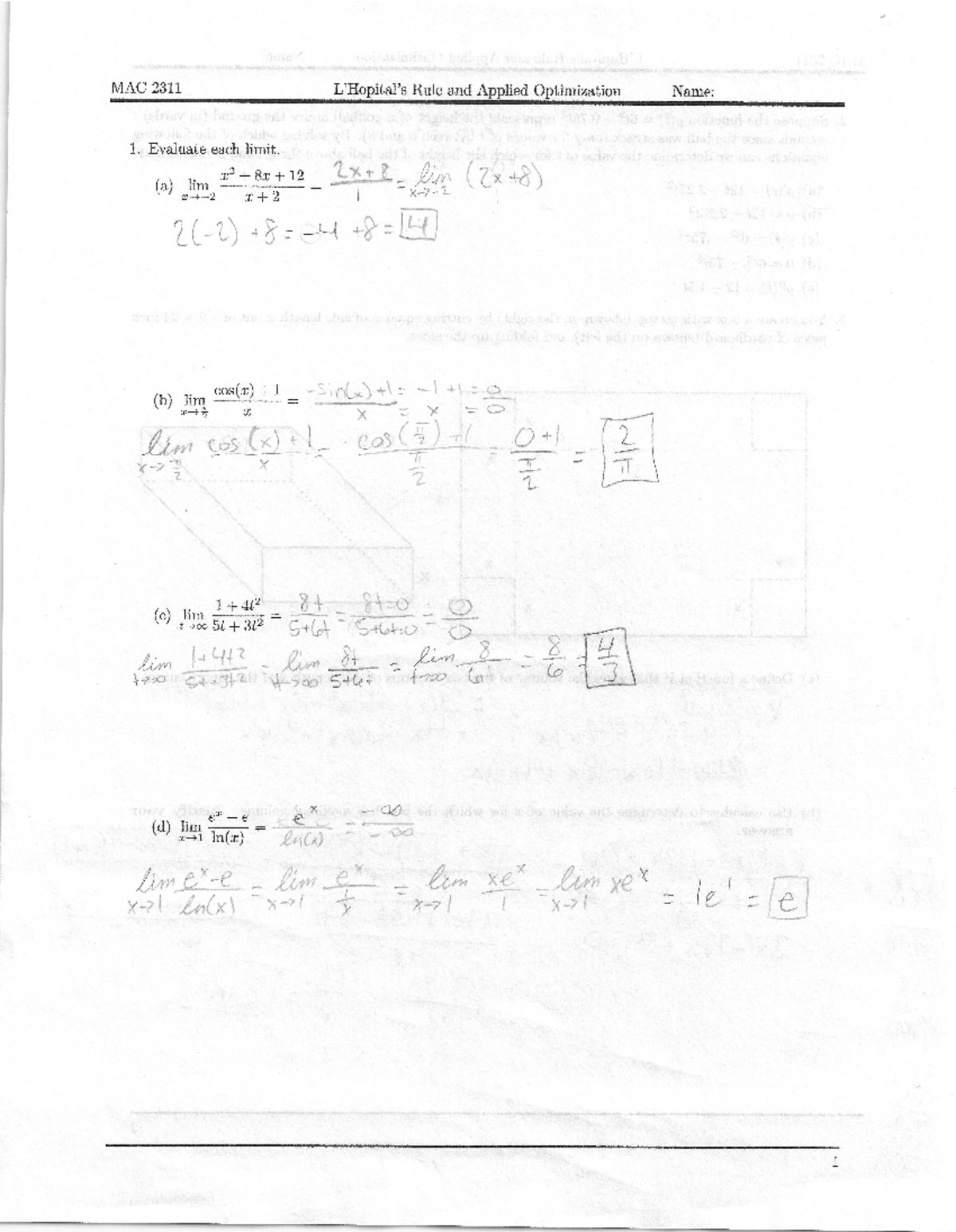Success Assignment 10: L'Hopital's Rule and Applied Optimization - MAC ...