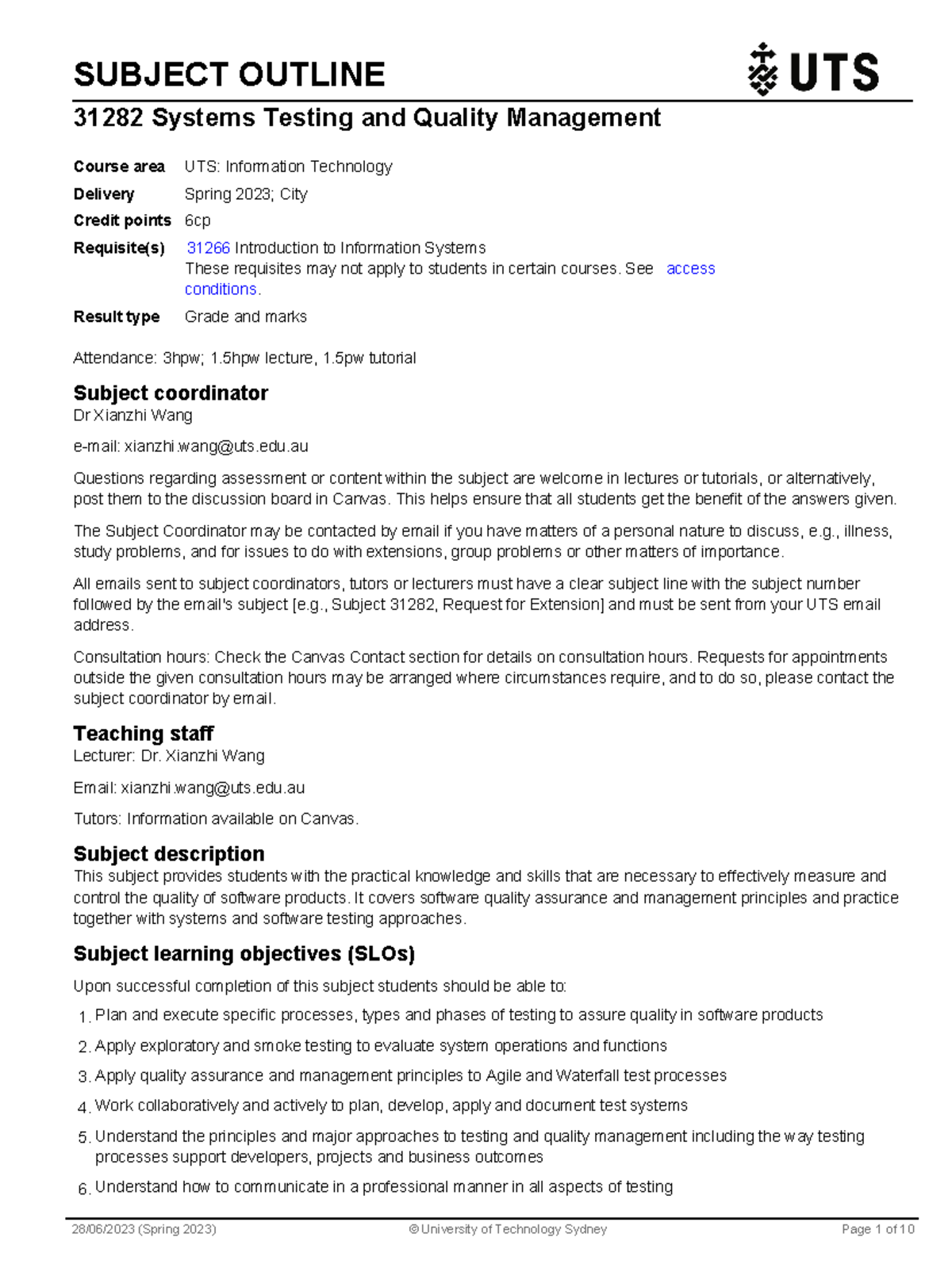 Subject Outline 31282 Systems Testing and Quality Management - SUBJECT ...