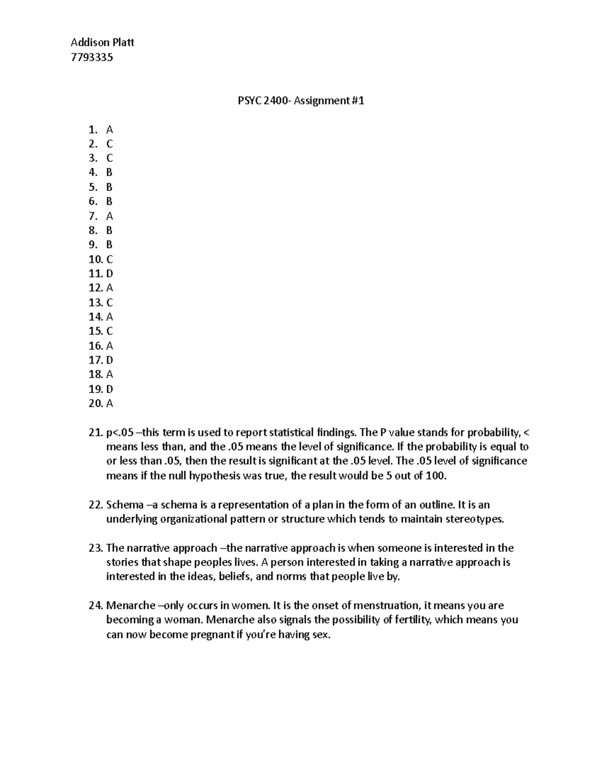 PSYC 2400- Assignment #1 - Addison Platt 7793335 PSYC 2400- Assignment ...