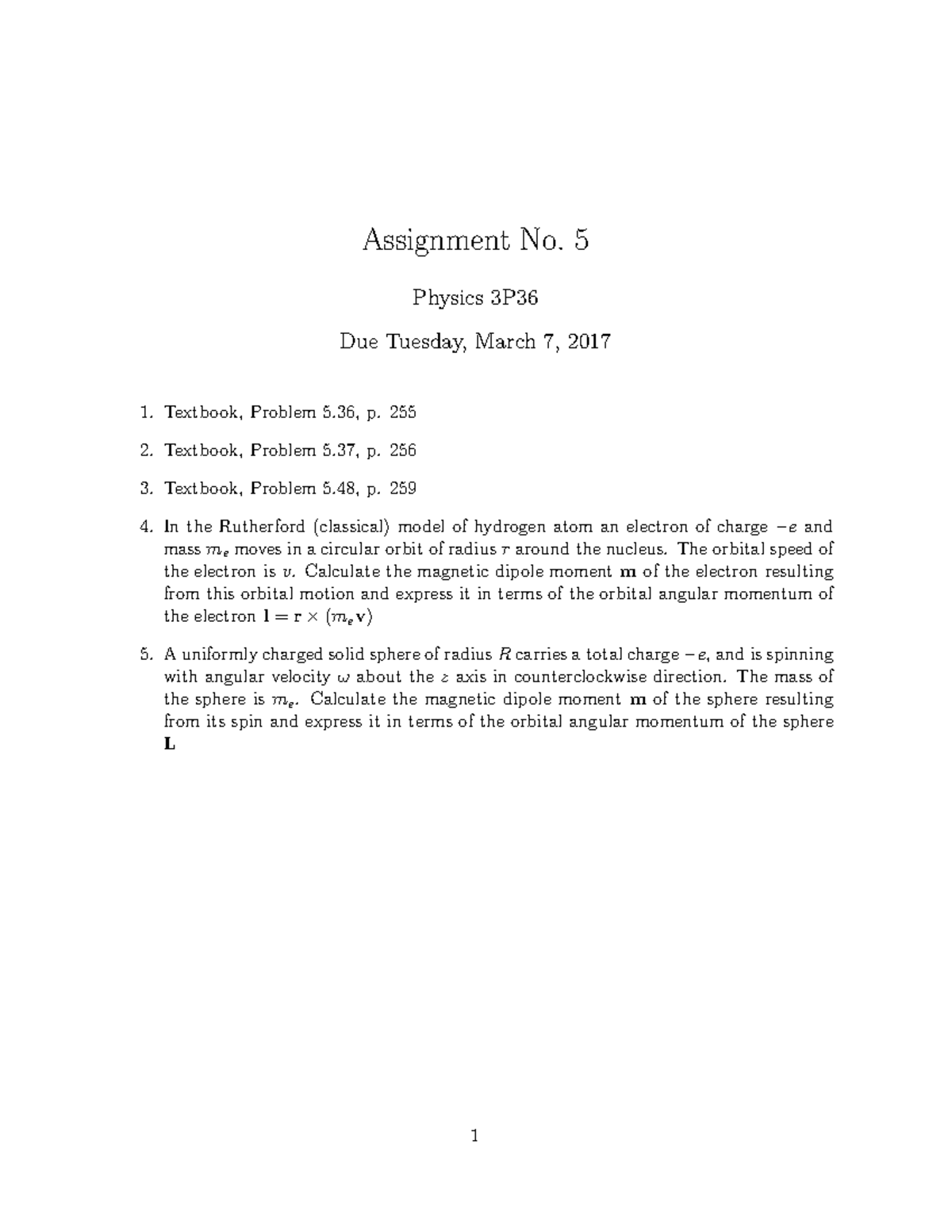 Electromagnetism Ii Assignment 5 Assignment No 5 Physics 3p Due