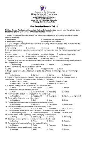 TLE 9 Q1 Review Exam - ANAPOG INTEGRATED SCHOOL First Periodical Exam ...