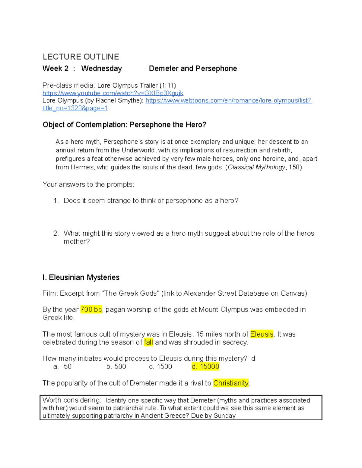 Week 2.1 Wednesday (Demeter and Persephone) - LECTURE OUTLINE Week 2 ...