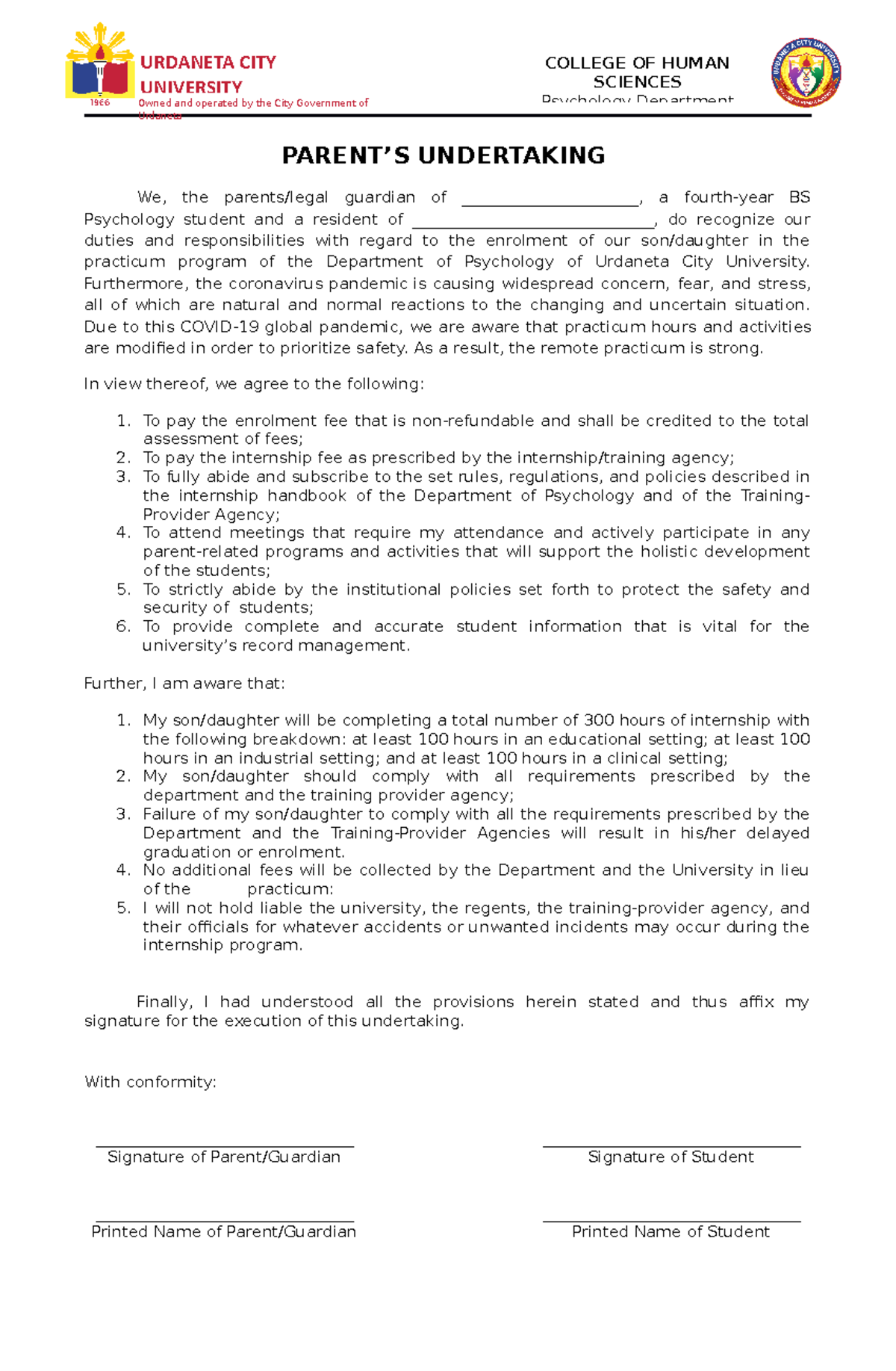 Ojt parents undertaking - PARENT’S UNDERTAKING We, the parents/legal guardian of - Studocu
