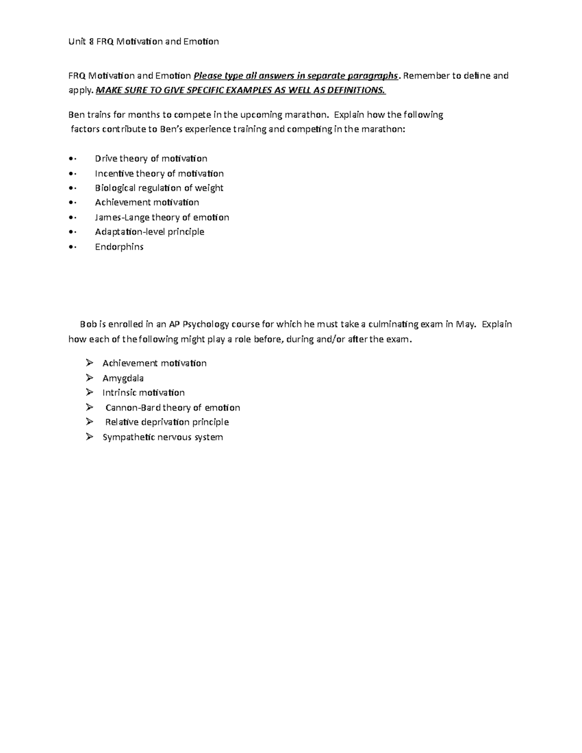 Unit 8 FRQ Motivation and Emotion - Unit 8 FRQ Motivation and Emotion ...