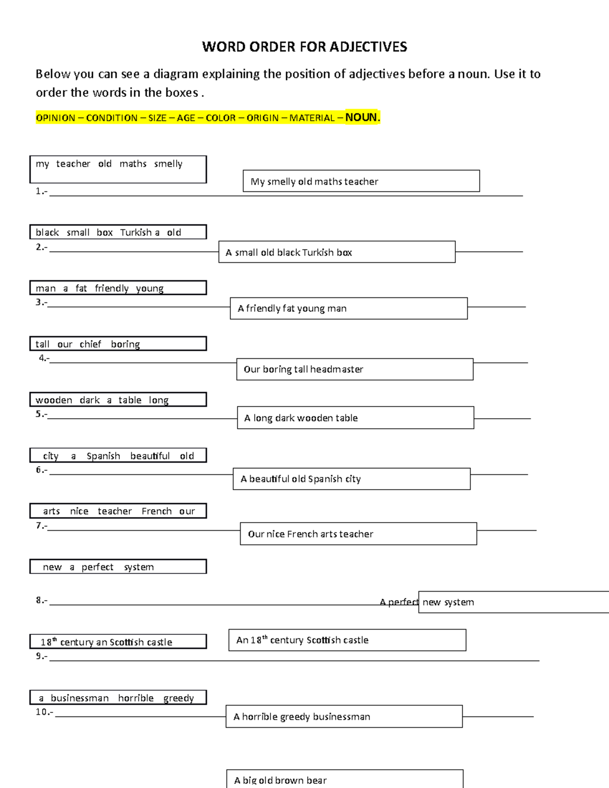 WORD Order FOR Adjectives - WORD ORDER FOR ADJECTIVES Below you can see ...
