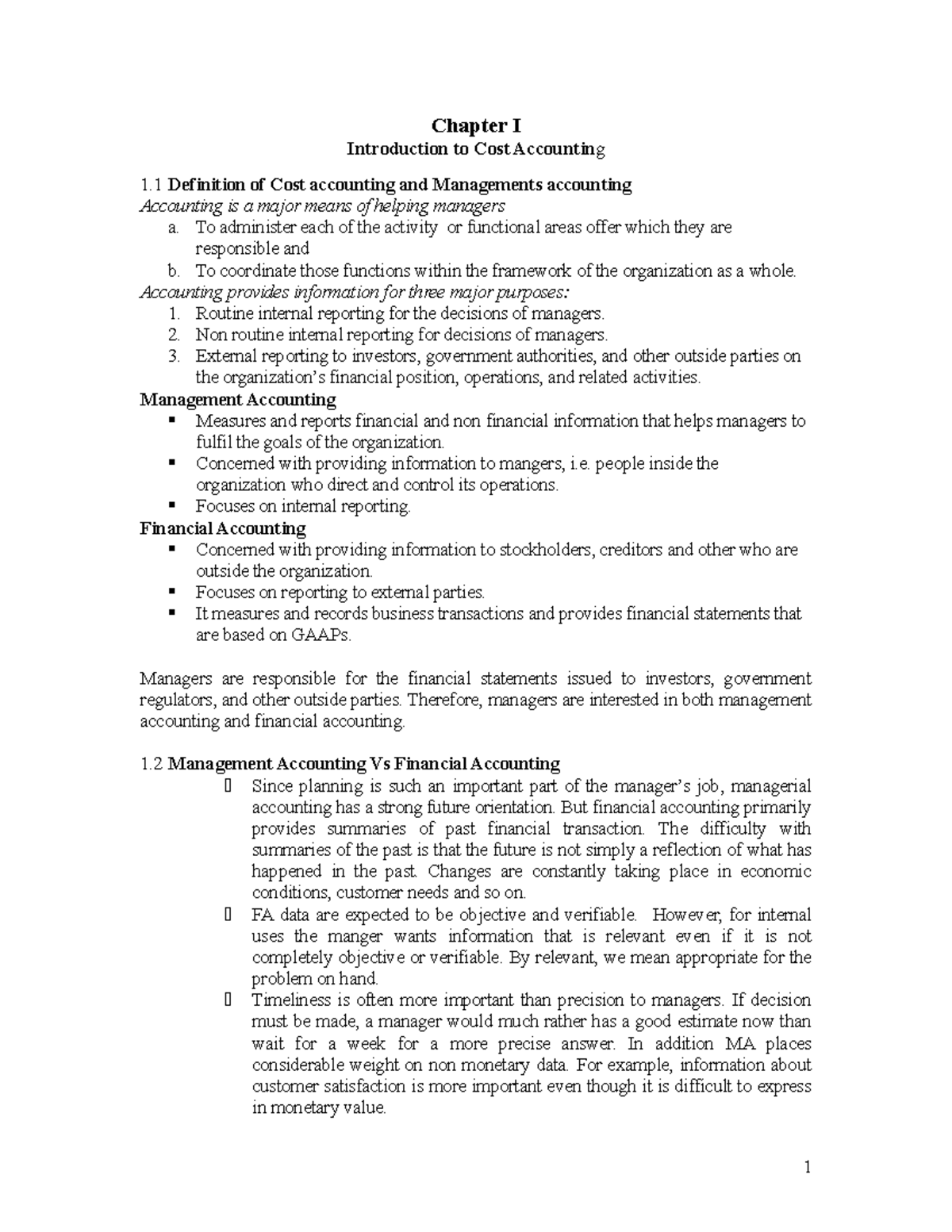 Cost CH 1 - Chapter I Introduction to Cost Accounting 1.1 Definition of ...