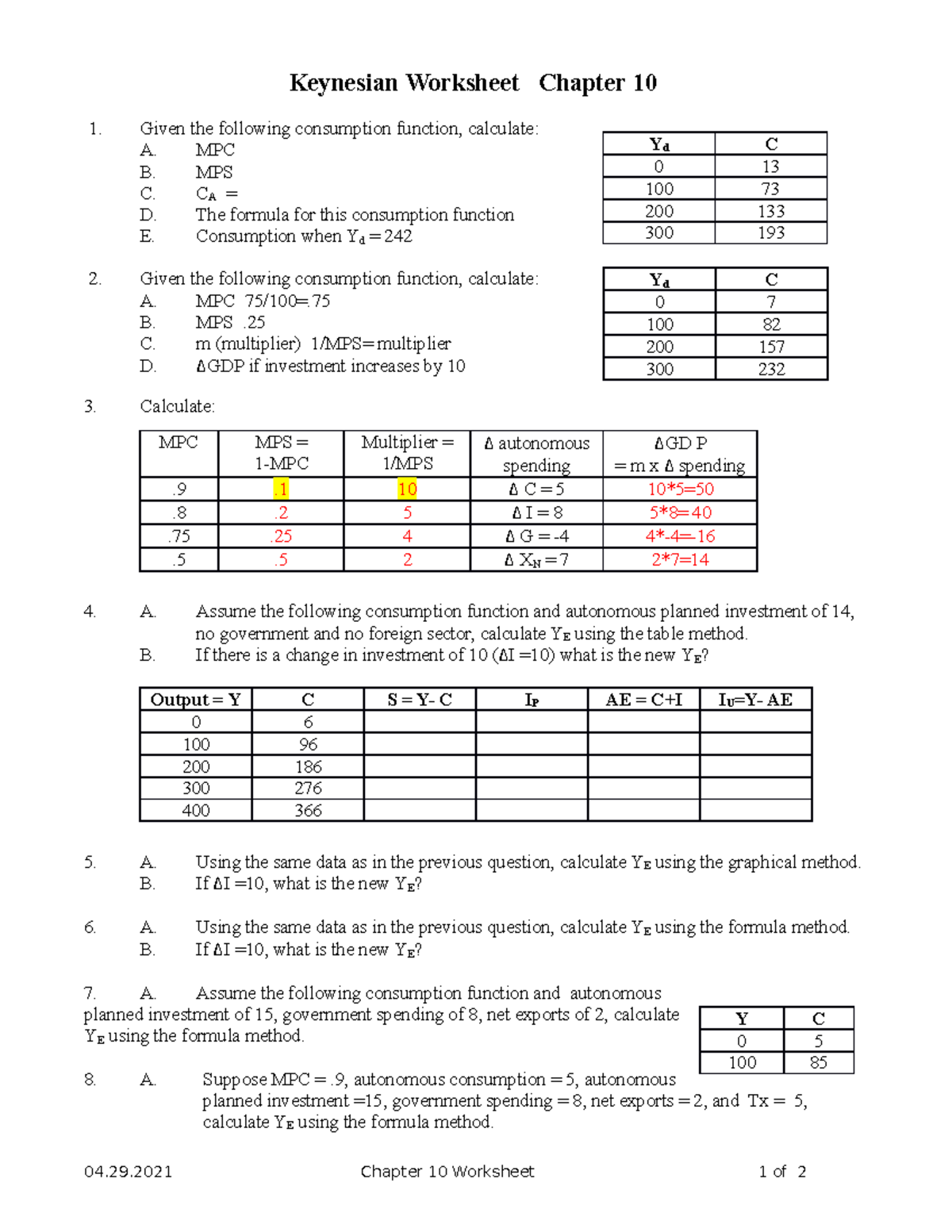 Chapter 10 D2L Keynesian Worksheet - Keynesian Worksheet Chapter 10 ...