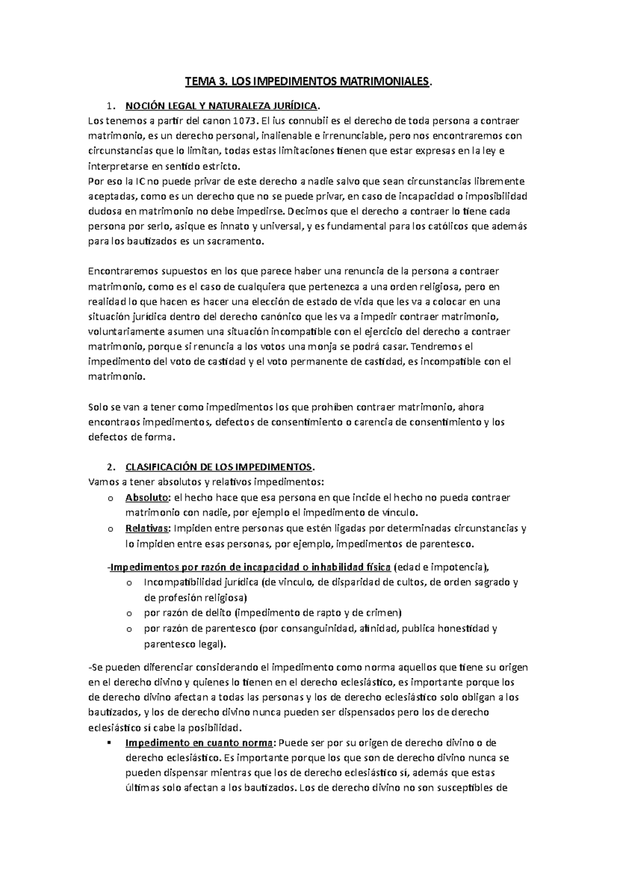 TEMA 3 - apuntes matrimonial canónico - TEMA 3. LOS IMPEDIMENTOS ...