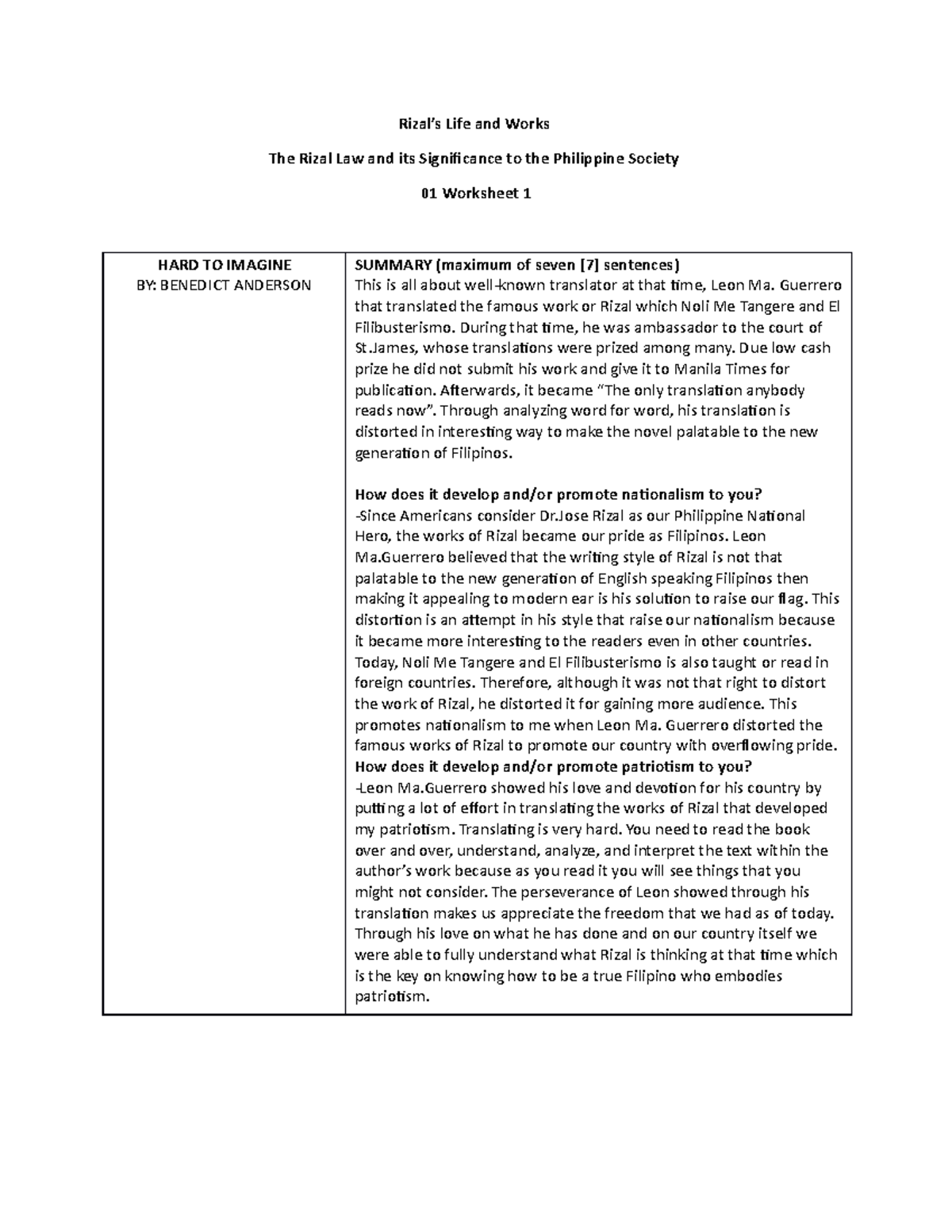 Rizal’s Life and Works Worksheet 1B - Rizal’s Life and Works The Rizal ...