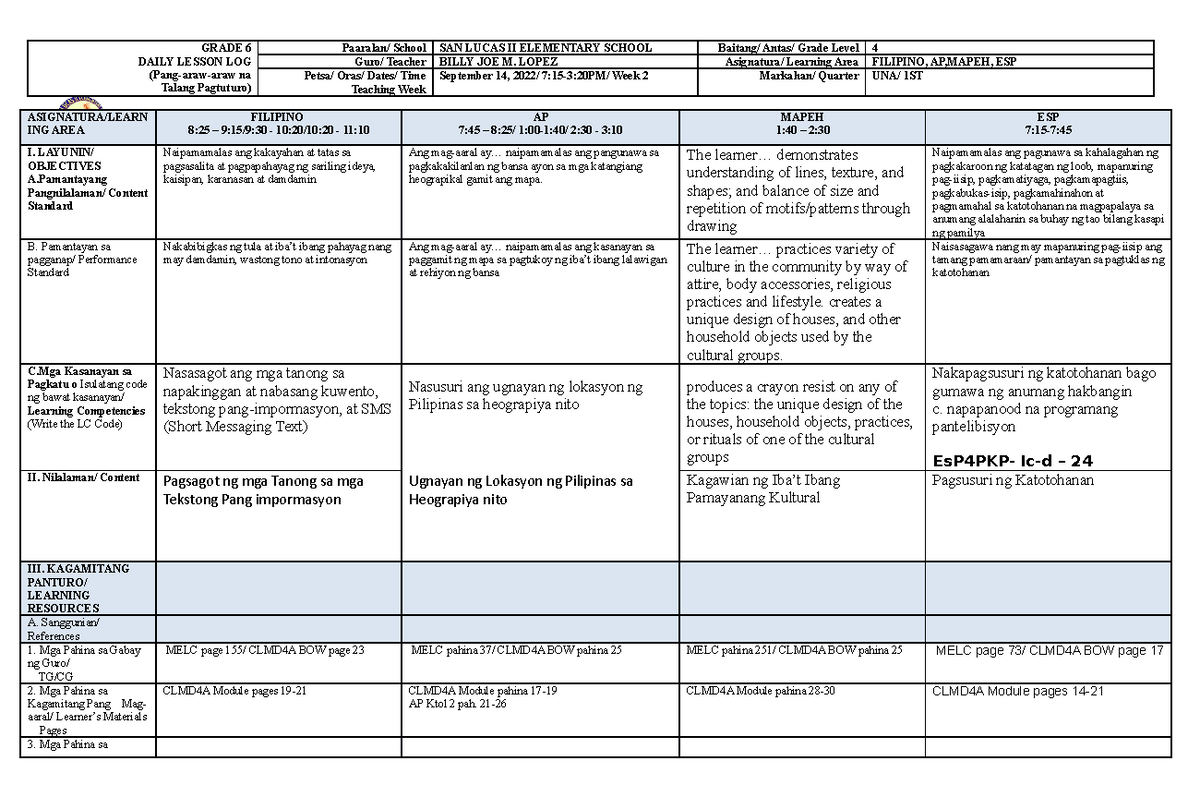 Q1 WEEK 3 DLL s EPT. 14 - Lesson Plan - GRADE 6 DAILY LESSON LOG (Pang ...
