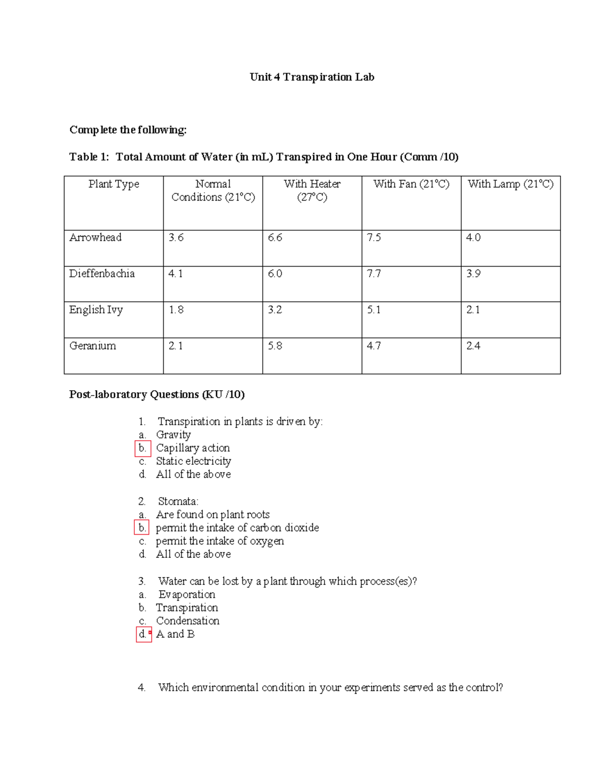 Unit 4 Lab - Unit 4 Transpiration Lab Complete the following: Table 1: Total Amount of Water (in ...