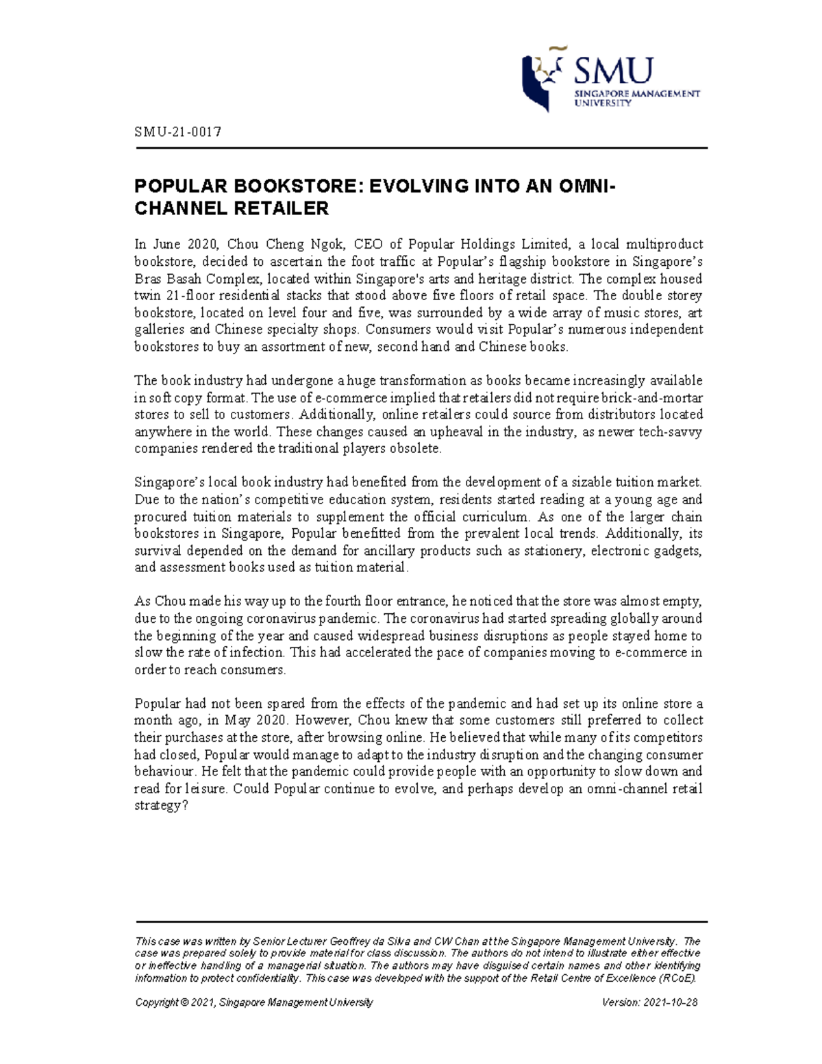 SMU-21-0017 [Popular] - SMU- 21 - 0017 This case was written by Senior ...