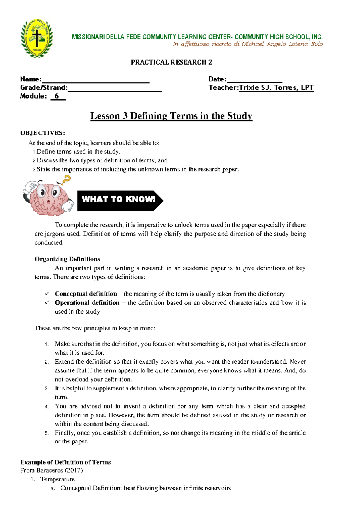 530930446-PR2- Module 6 - WHAT TO KNOW! MISSIONARI DELLA FEDE COMMUNITY LEARNING CENTER ...