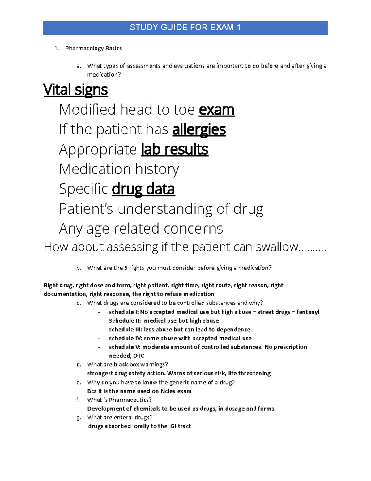 Study Guide for Exam 1 - Pharmacology Basics a. What types of ...