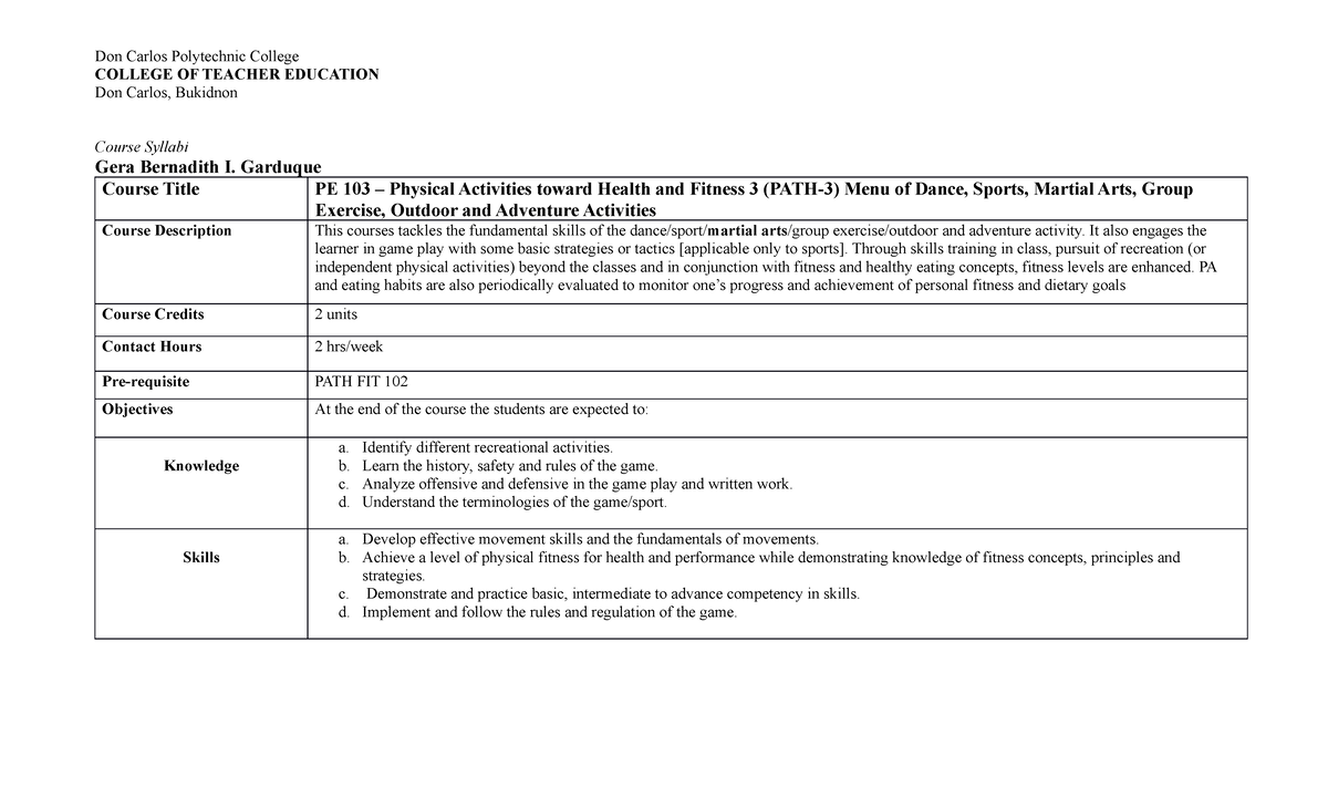 P.E 103 Syllabus - PATH-FIT 3 - Don Carlos Polytechnic College COLLEGE ...