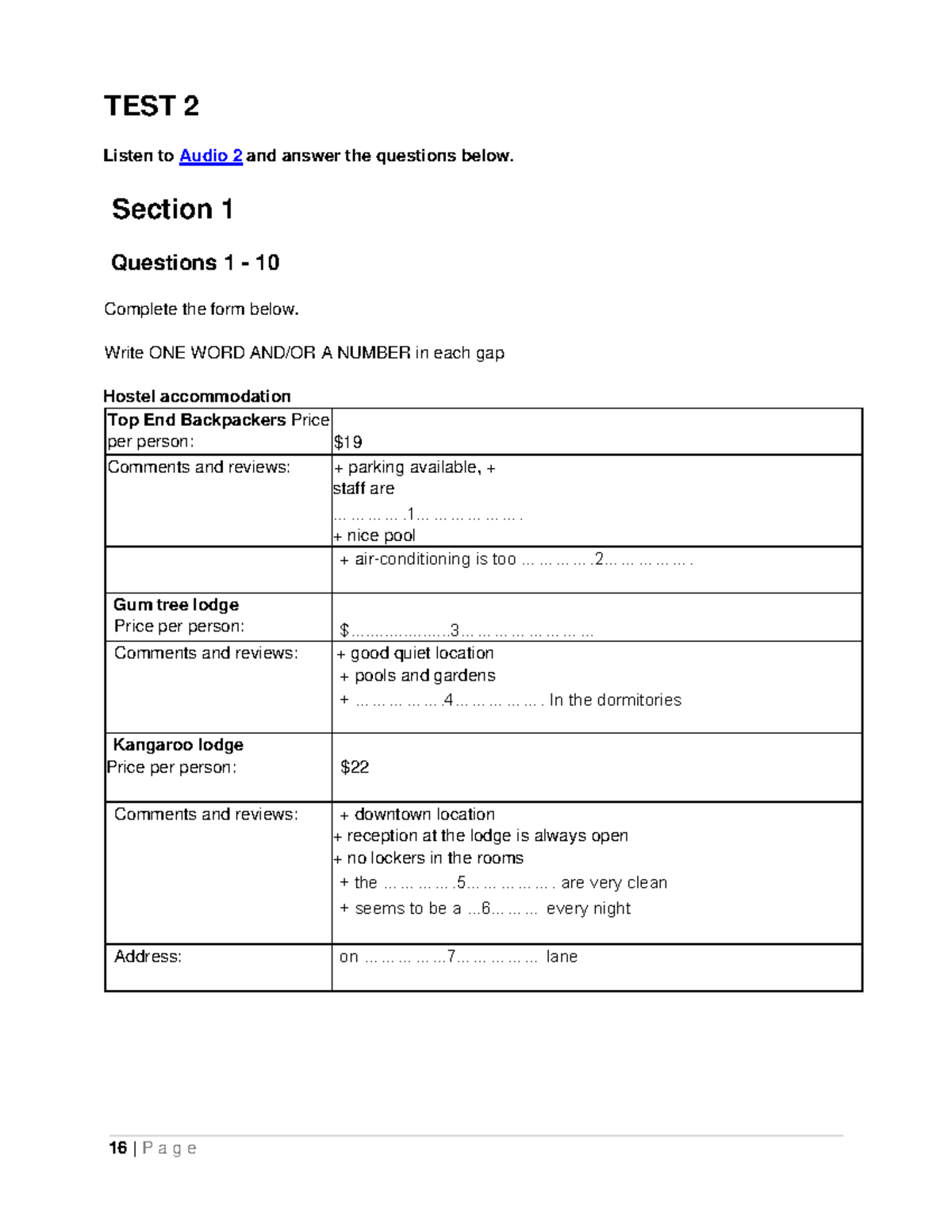 Listening test - 16 | P a g e TEST 2 Section 1 Questions 1 - 10 ...