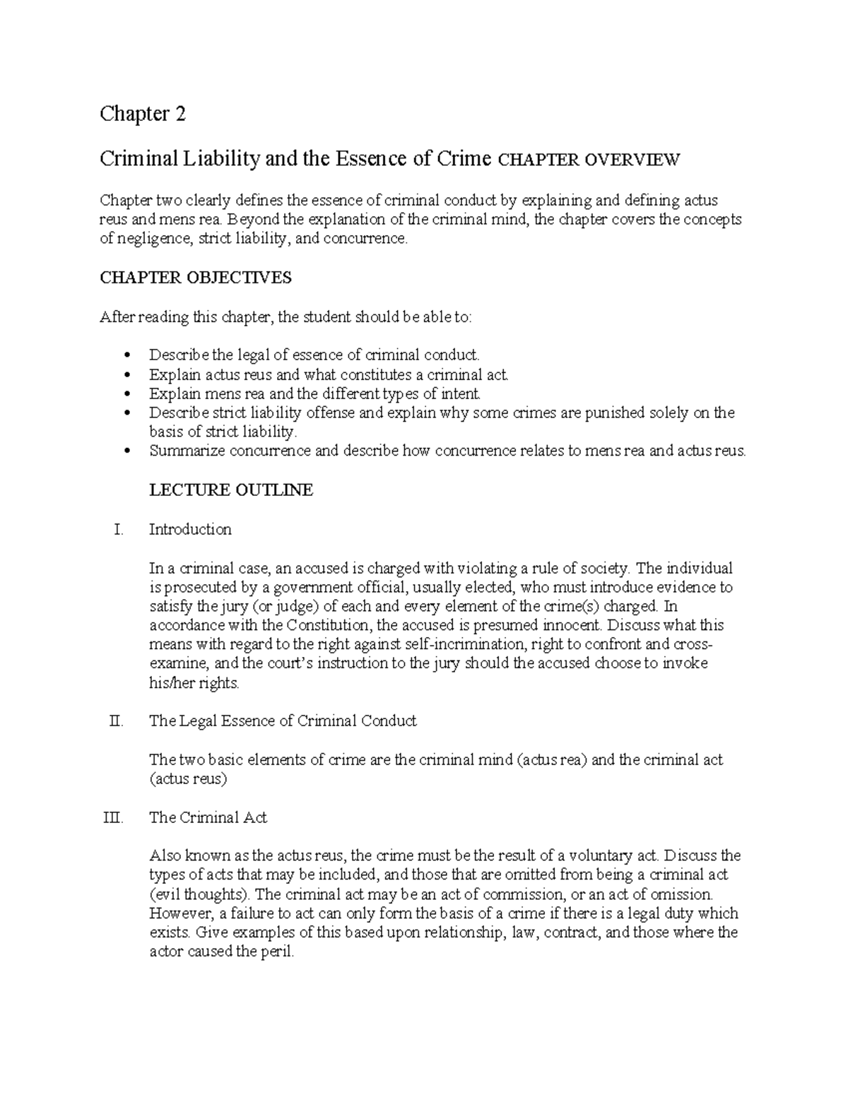 Chapter 2 outline - Chapter 2 Criminal Liability and the Essence of ...